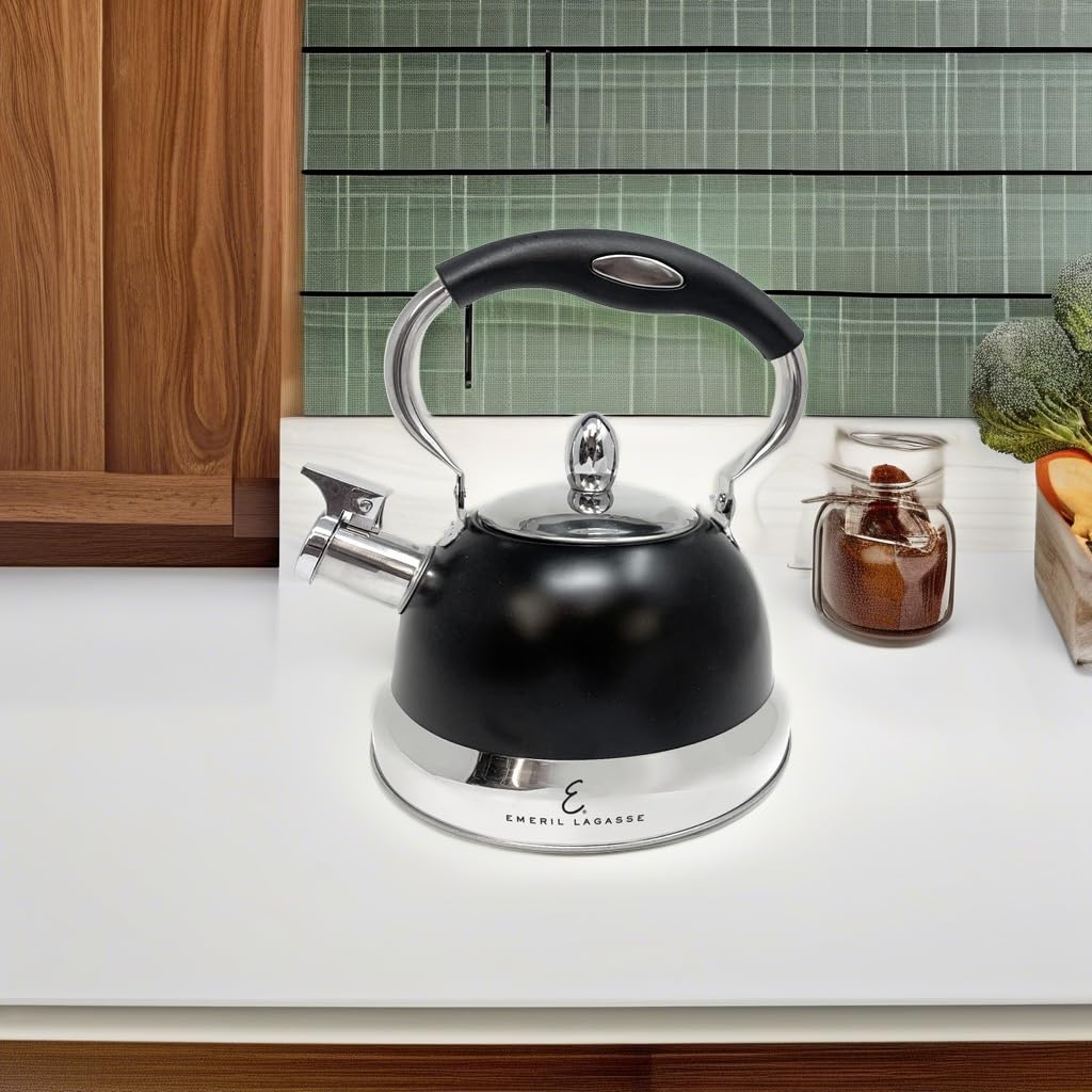 Emeril Lagasse 2.6 Quart/2.5 Liter Whistling Tea Kettle, Stainless Steel Tea Pot for Induction Stove Top, Fast to Boil Water for Home Kitchen Condo, with Ergonomic Cool Folding Grip Handle, Black Comb