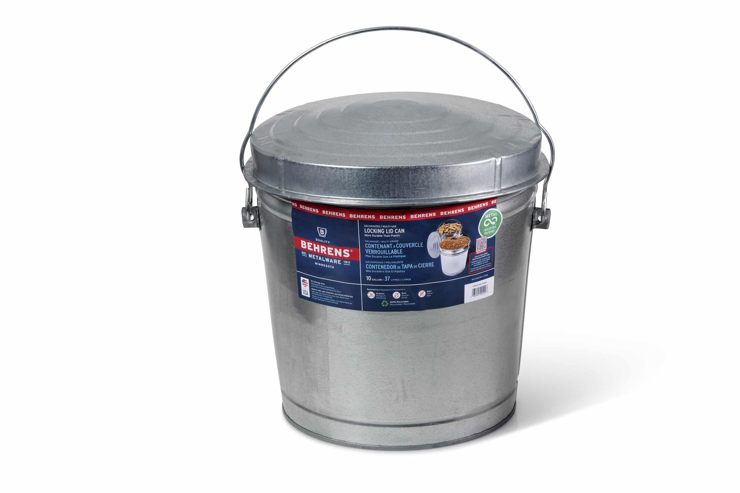 Plexon Silver 10-Gallon Galvanized Steel Trash Can with Lid - Stylish Metal Trash Bin for Kitchen, Outdoor Patio, and Camping