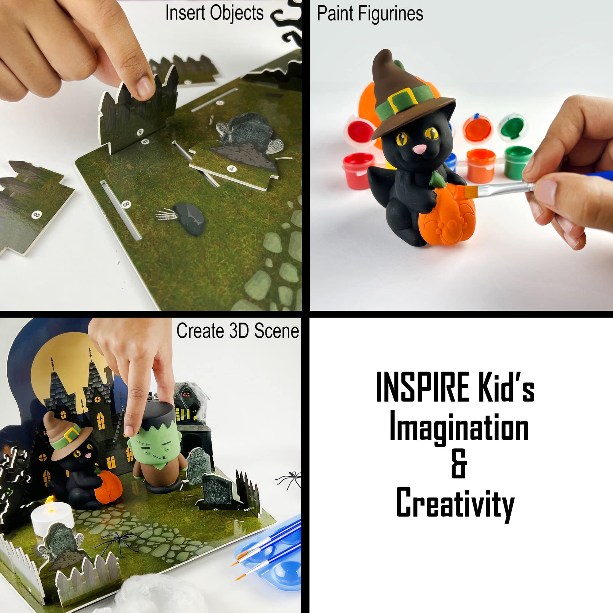 BRASS TACKS KITS FOR CRAFTY KIDS Kid Painting Halloween Craft Puzzle, with 3 Figurines, Paint, Brushes, Background, Spiders, Webs, and Flickering Light