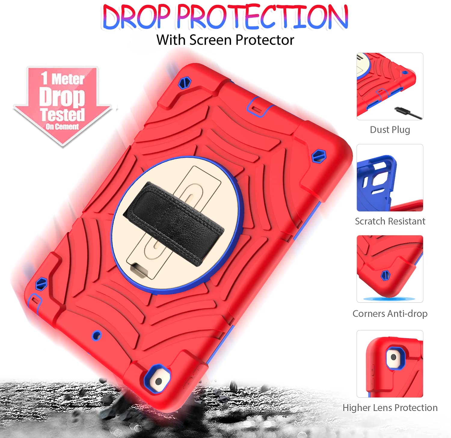 BMOUO Case for iPad 9th/8th/7th Generation - 10.2 Inch 2021/2020/2019 with Screen Protector, 360 Rotating Stand Hand & Shoulder Strap Shockproof Kids Case for iPad 9/8/7 Gen, Red