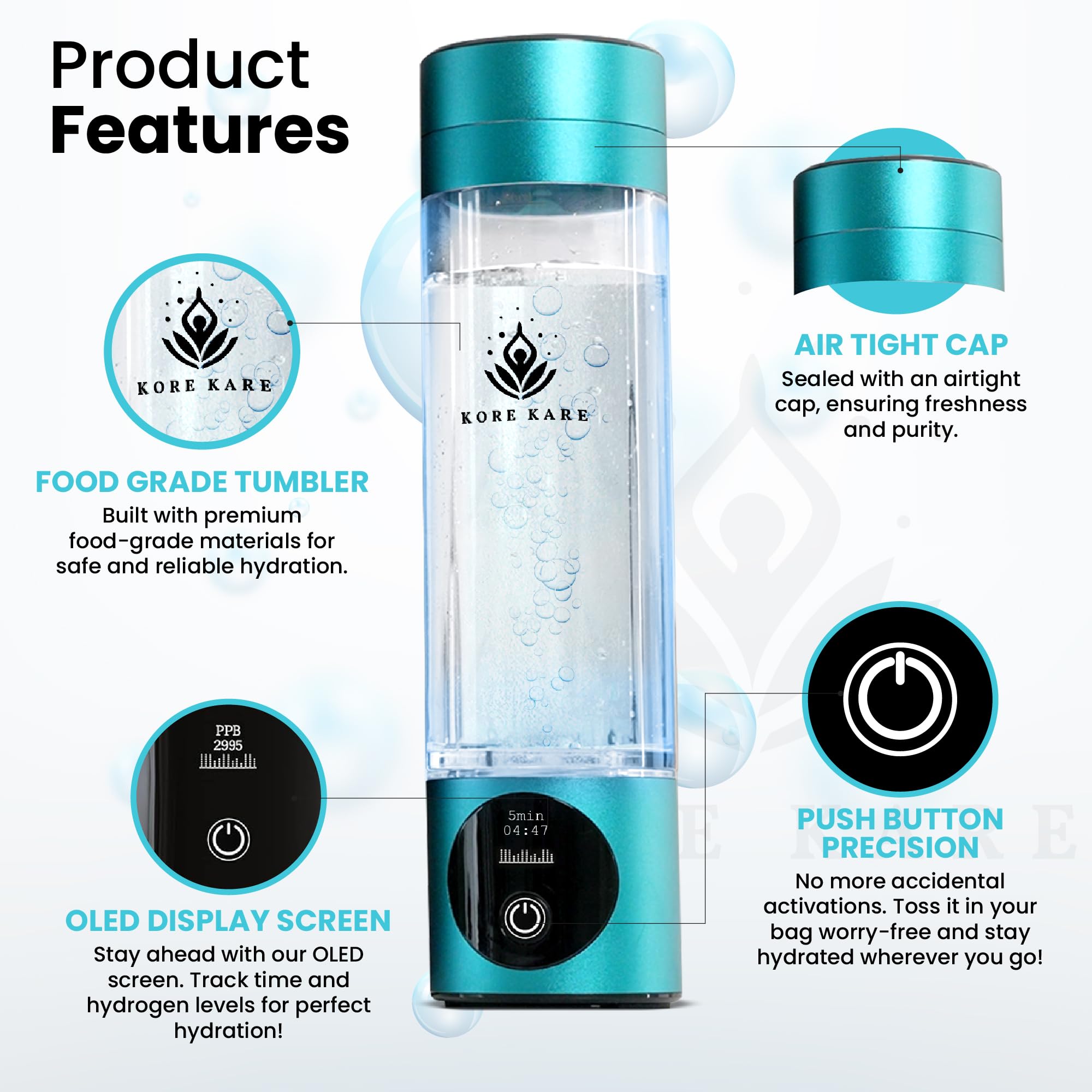Hydrogen Water Bottle, Hydrogen Water Bottle Generator Produces Pure Hydrogen Water, SPE/PEM Technology, OLED Display, Purification Vent, Generates up to 5500 PPB, Best Hydrogen Water Generator.