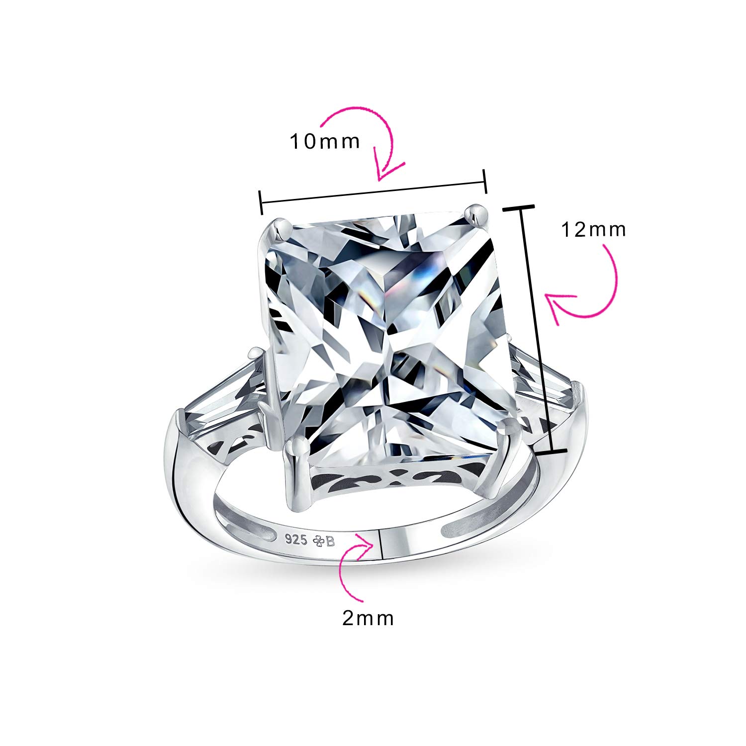 Bling Jewelry Art Deco Style .925 Sterling Silver Large 10CT Rectangle AAA CZ Cubic Zirconia Brilliant Cut Statement Engagement Ring Baguette Side Stones