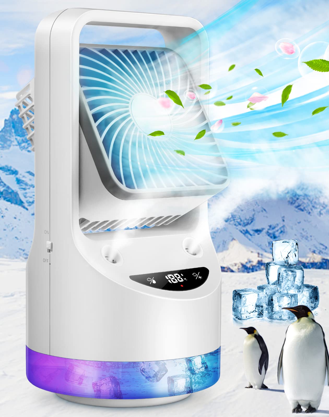 Portable Air Conditioner Fan, Rechargeable Evaporative Air Cooler, Personal Air Cooler Humidifier with 3-Speed, 90° Oscillating, 7 Colors Light, Aroma Discs, Desk Cooling Fan for Home Office Camping