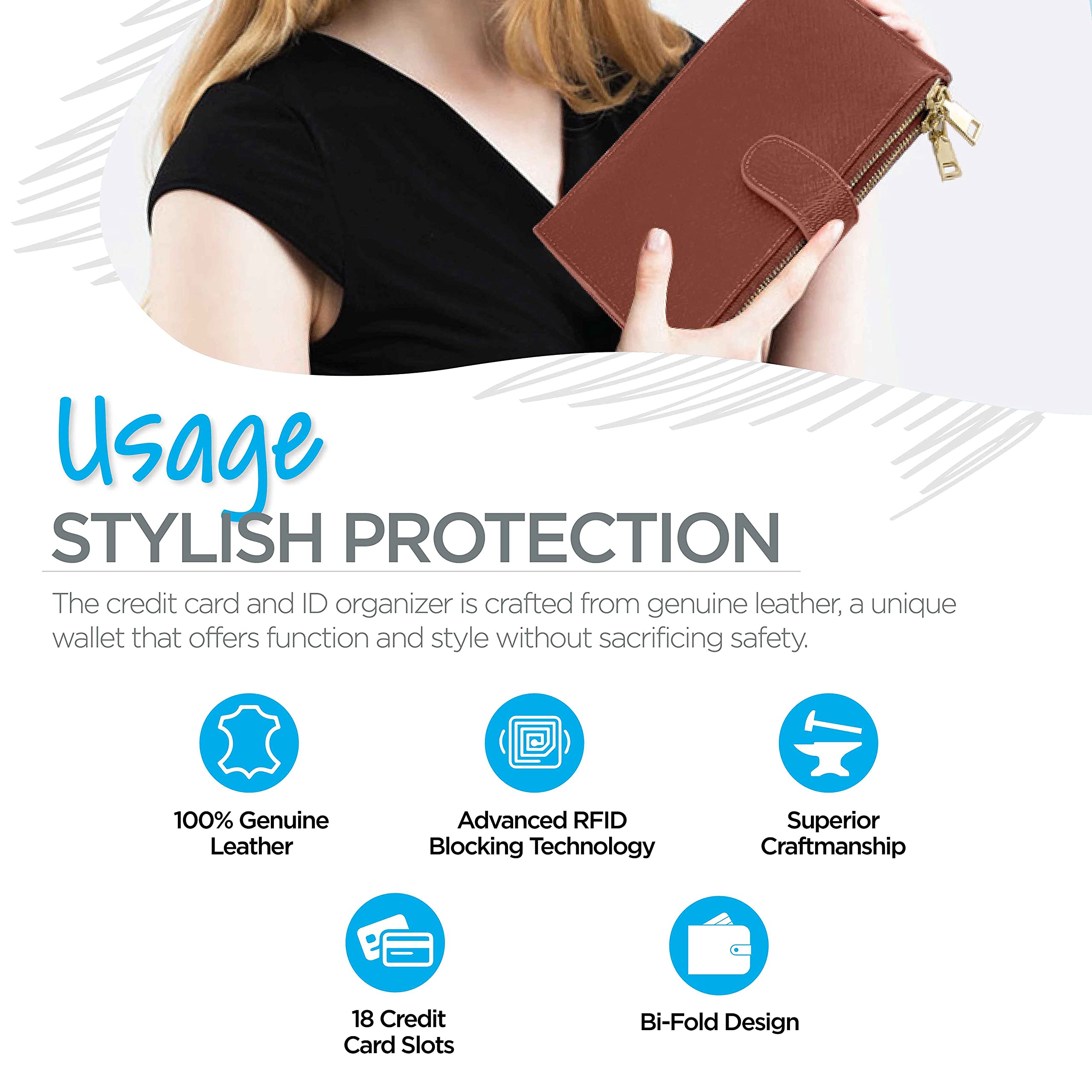 Maze Exclusive RFID Blocking Wallet for Women | Attractive Design with Genuine Leather, Zipper Pocket, Bifold Feature | Hold and Protect Your Cards Everywhere You Go (Brown)