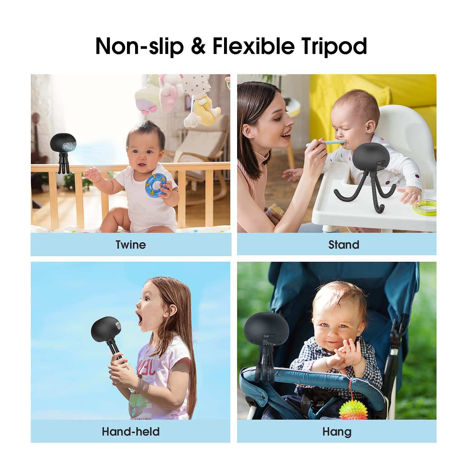 Portable Handheld Stroller Fan, 5000mAh Battery Operated Powered Fan, 3 Speeds Mini USB Rechargeable Fan, Clip on Fan with Flexible Tripod, Personal Baby Fan for Stroller and Car Seat (Black)