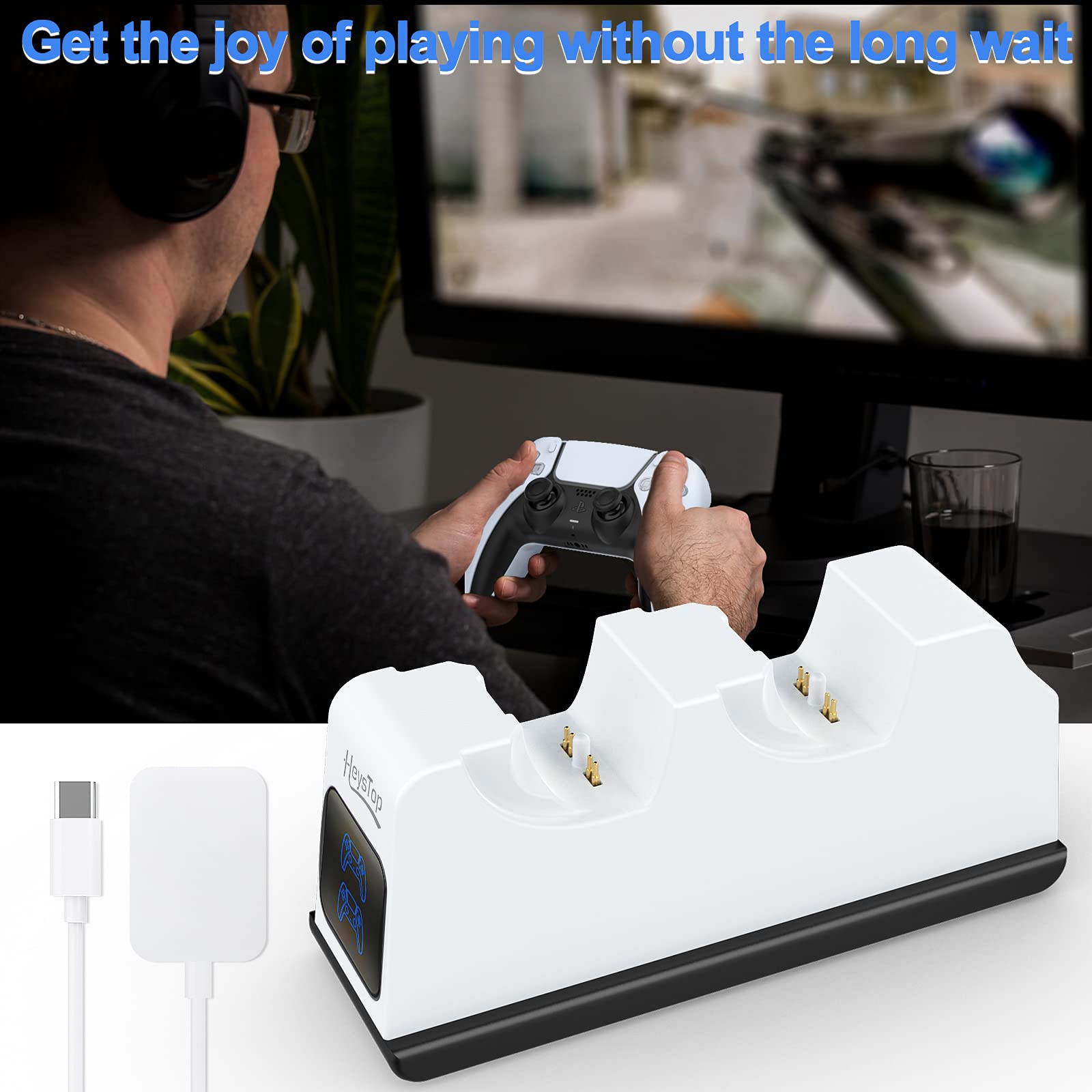 PS5 Controller Charging Station with Fast Charging AC Adapter, HEYSTOP Safety PS5 Controller Charger, Dualsense Charging Station for Playstation 5 with Intelligent Chip Protection