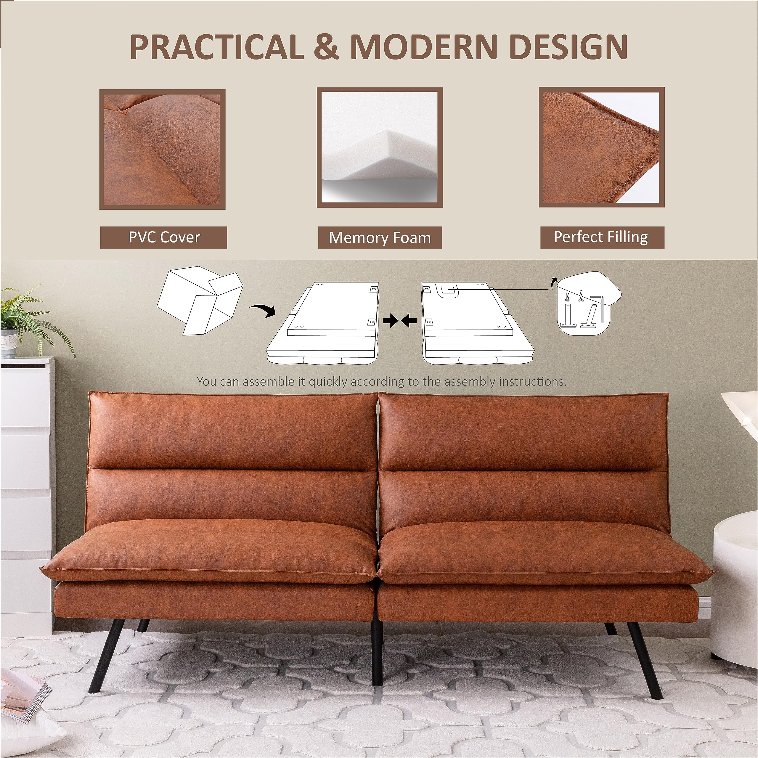 CH CHARME HOUSE Convertible Bed, Multi-Functional Design futon Couch with Adjustable Backrest, Modern Sleeper Sofa for Office, Living Room and Bedroom, Brown
