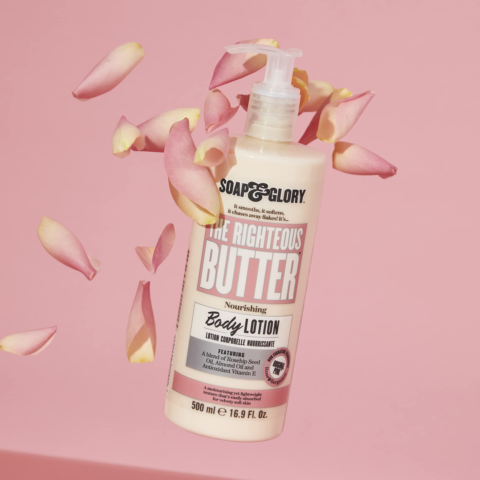 Soap & Glory Original Pink The Righteous Butter Moisturizing Body Lotion Pump - Shea Butter, Vitamin E & Aloe Vera Body Moisturizer - Rose & Bergamot Scented Lotion (500ml)