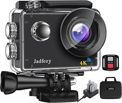 Jadfezy Action Camera 4K with WiFi, Remote Control, Sports Camera with Charger and 2Ă1350 mAh Batteries, 30M/98FT Waterproof Camera Mounting Accessories for Helmet and Bicycle etc. (4K 30FPS)