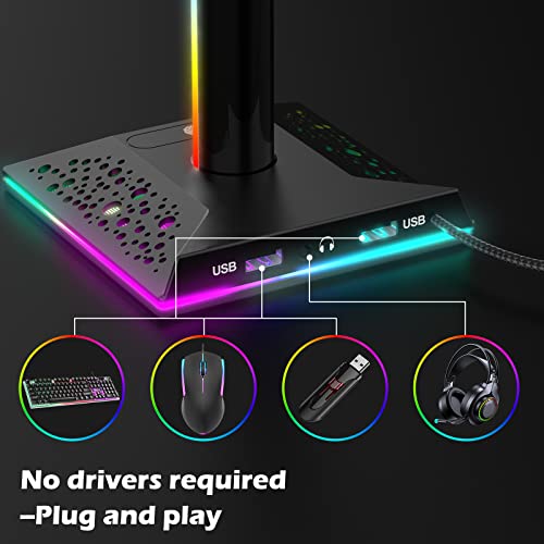 SIMOEFFI Upgraded RGB Gaming Headphones Stand, Headset Stand with 3.5mm AUX and 2 USB Charging Ports, Headphone Holder with 10 Light Modes and Memory Feature for Gamers PC Earphone Accessories Desk