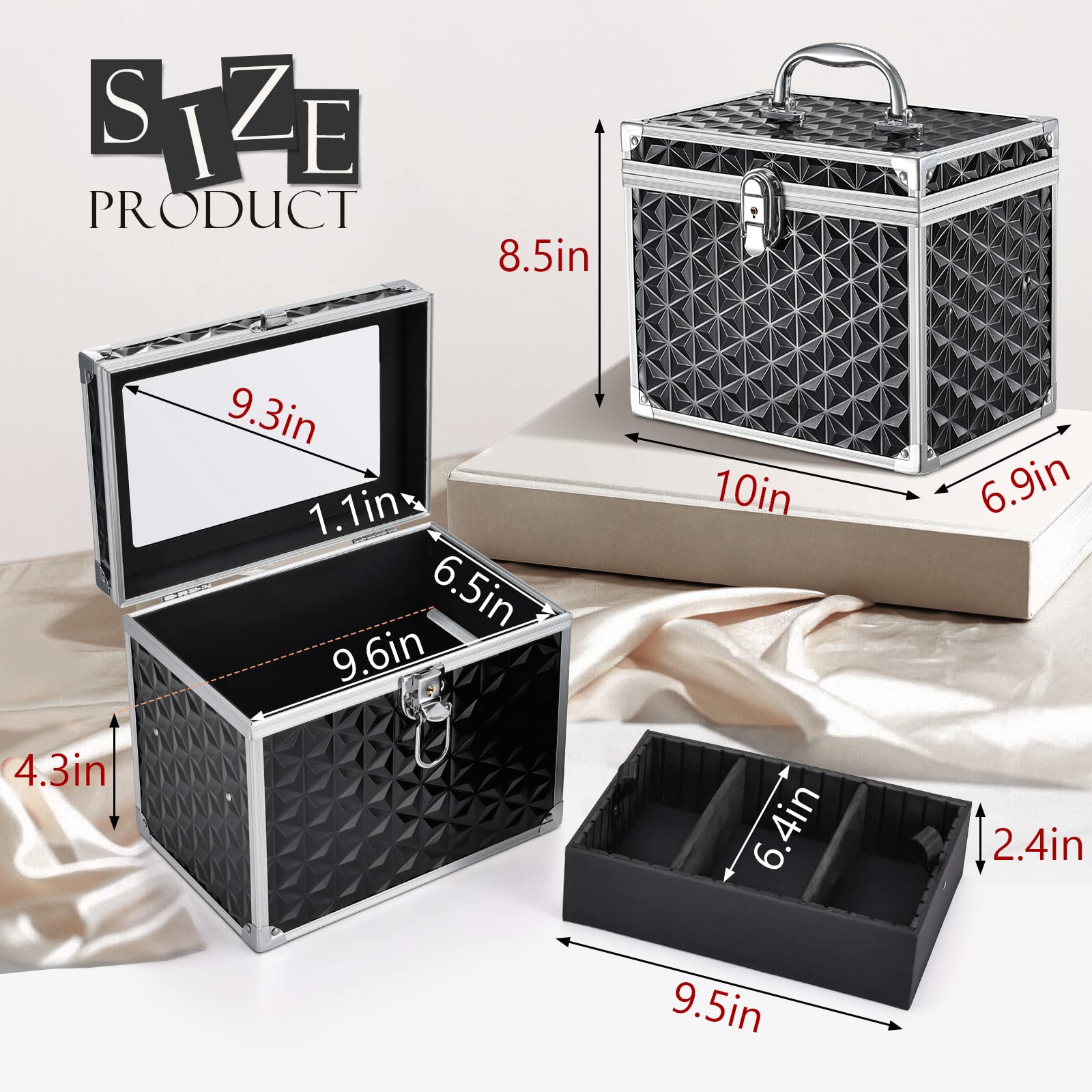 Costravio Makeup Train Case Travel Organizer Case Professional Cosmetic Storage Box with Divider Tray Mirror Portable Cosmetology Sewing Box for Makeup Artist Nail Tech Kits Crafters Train Case Black
