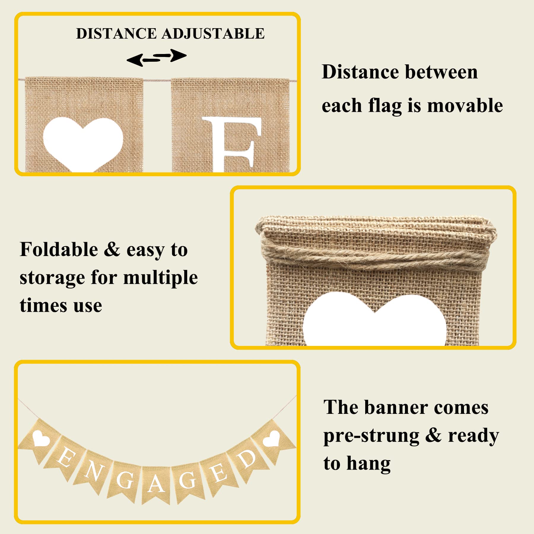 FAKTEEN Engaged Banner Burlap Bunting Garland with Love Hearts for Bridal Shower Bunting Rustic Wedding Engagement Party Decorations
