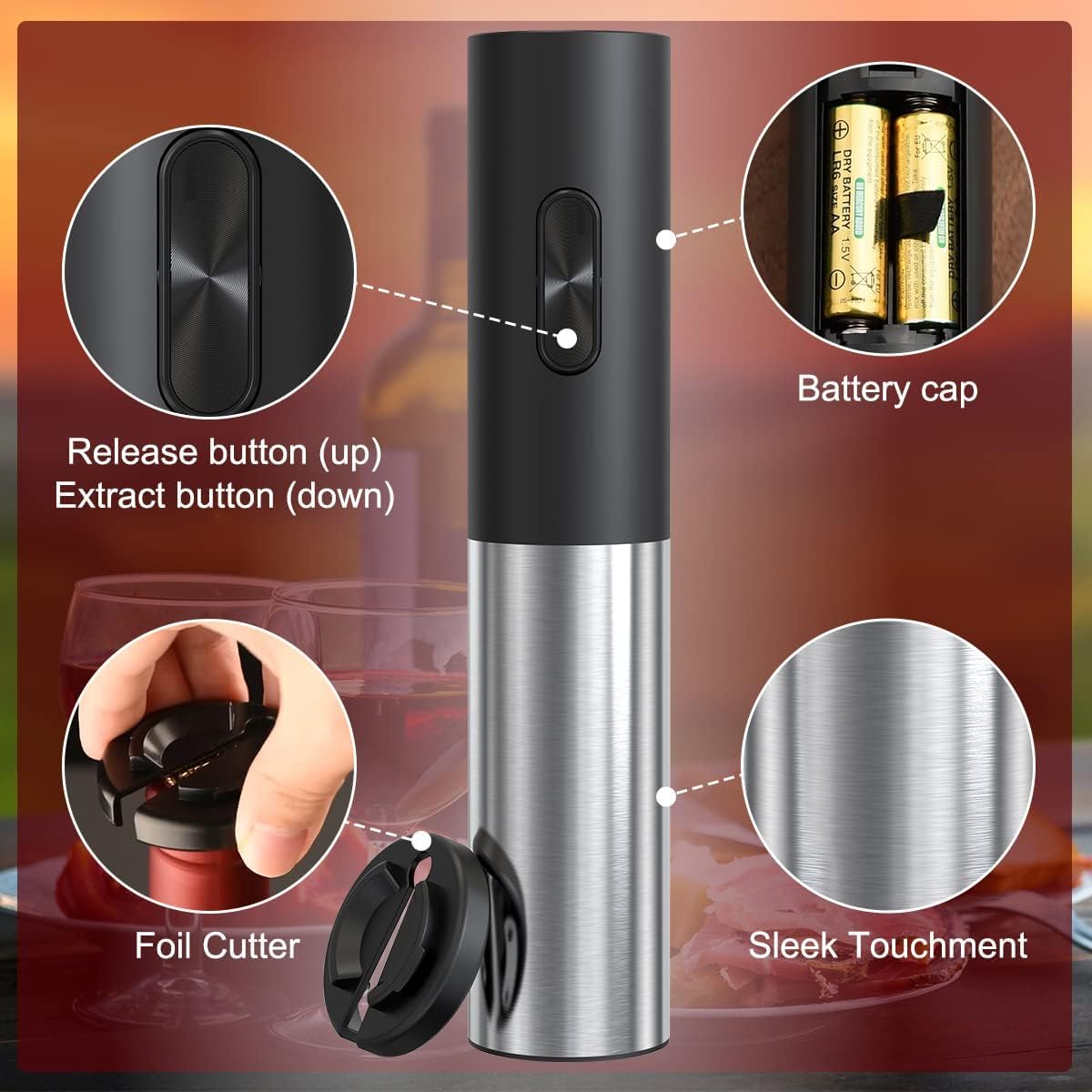 Battery Electric Wine Bottle Openers Electric Wine Opener, Wine Gift Automatic Wine Opener with Foil Cutter (Battery Stainless steel)