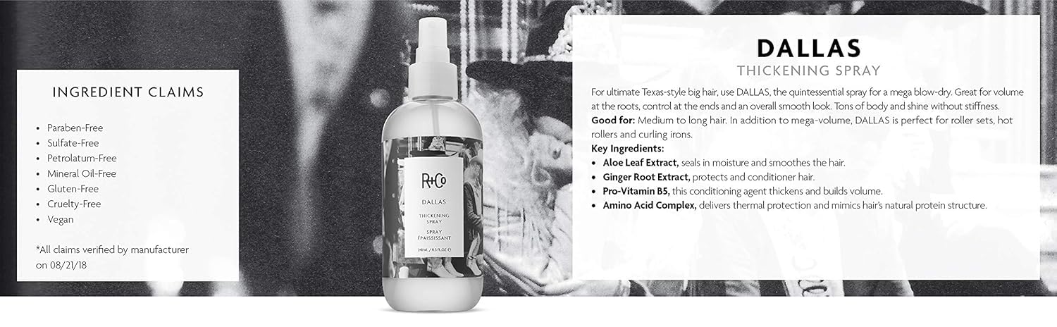 R+Co Dallas Hair Thickening Spray | Volumizing & Texturizing Spray for All Lengths | Adds Volume, Body & Shine | Perfect for Blowouts, Curling Irons & Roller Sets | 8.5 oz