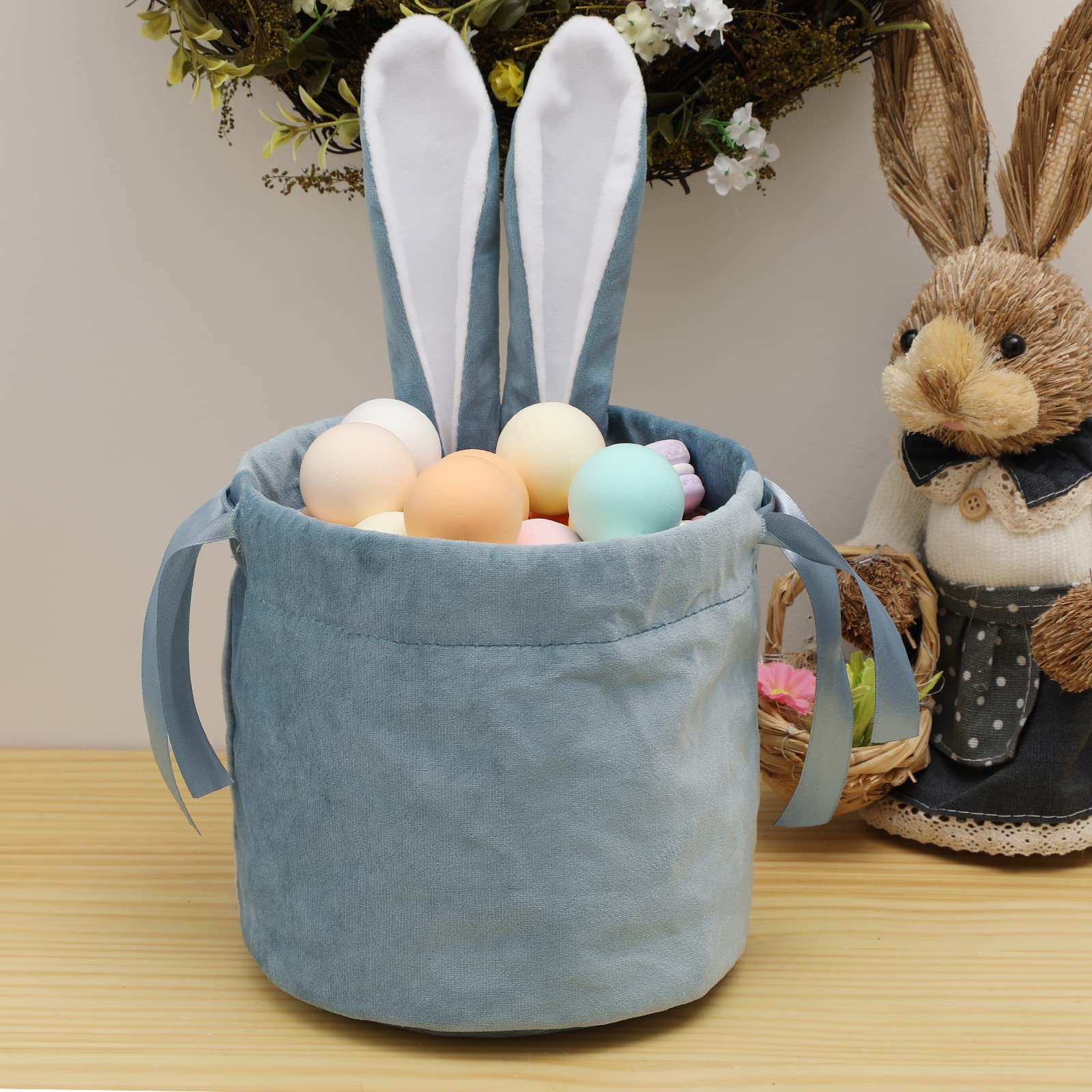 EMBRUNIOICE Easter Candy Gift Bags for Baby,Velvet Bunny Easter Treat Bags,Easter Egg Hunt Bags,Easter Drawstring Goodie Gift Bags for Baby Party Supplies(Blue)