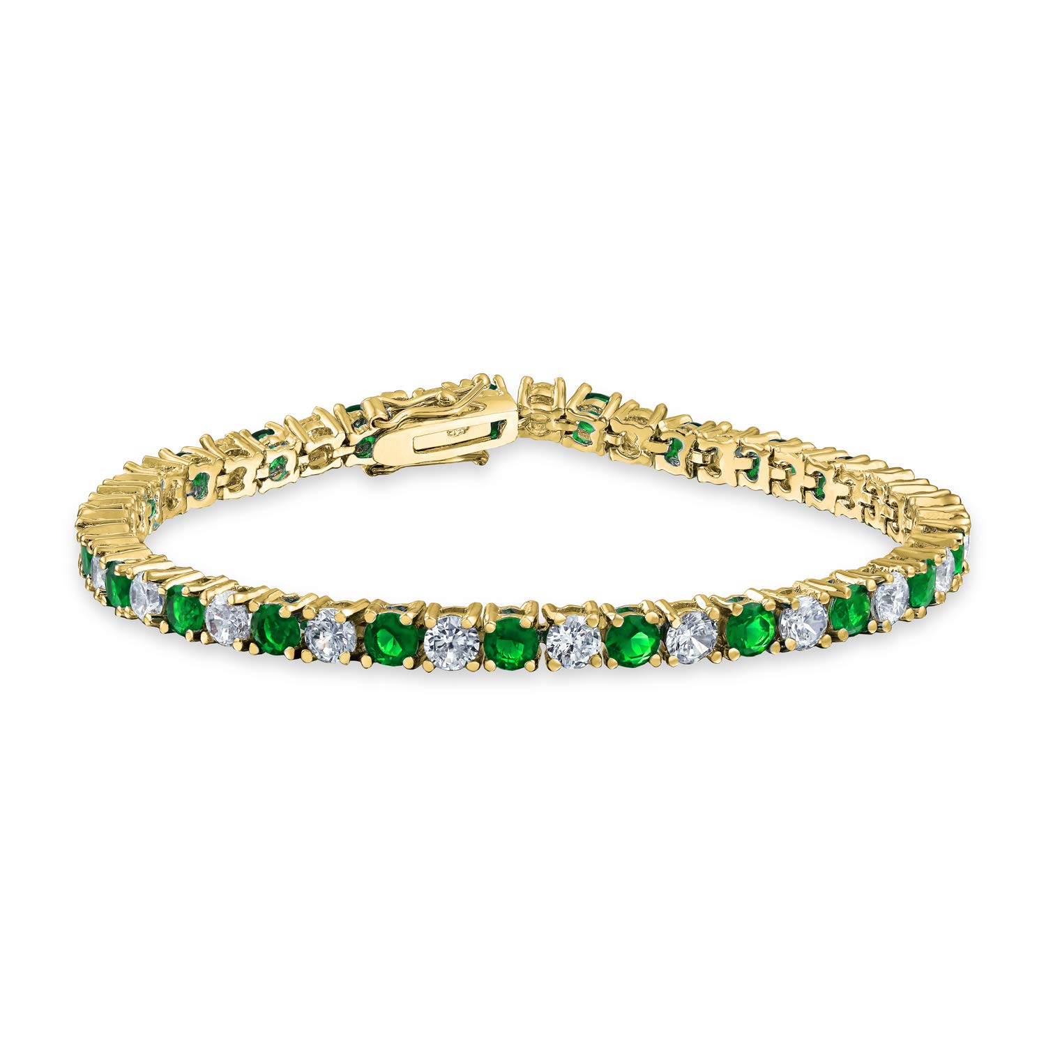 Bling Jewelry Green White Alternating Simulated Emerald Round Cubic Zirconia 12.00 CT 4 Prong Basket Set Solitaire AAA CZ Tennis Bracelet For Women Prom Bride 14K Gold Plated 7.5 Inch