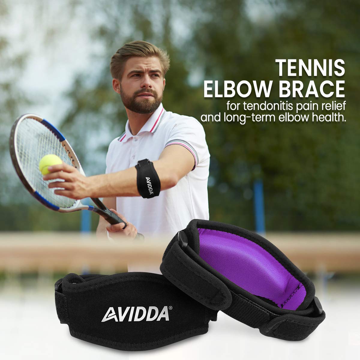 AVIDDA 2 Pack Tennis Elbow Brace with Compression Pad for Women and Men Golfers Elbow Brace for Tendonitis Pain Relief Purple