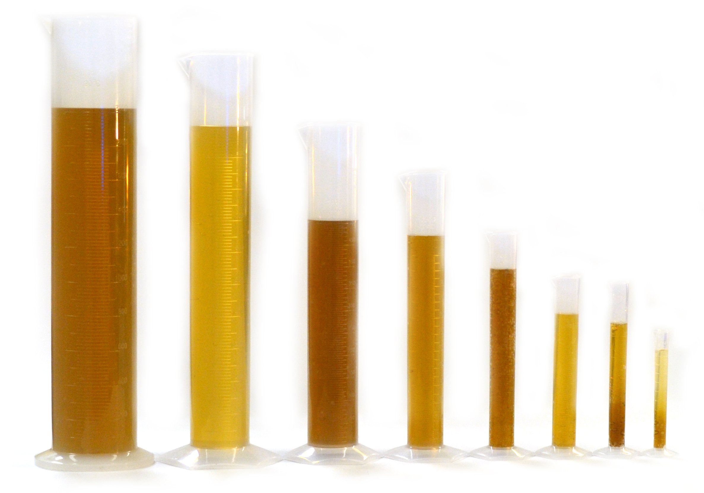 Set of 8 Polypropylene Graduated Cylinders, Hexagonal Base*, Raised Graduations - 10, 25, 50, 100, 250, 500, 1000, 2000mL*Round Base