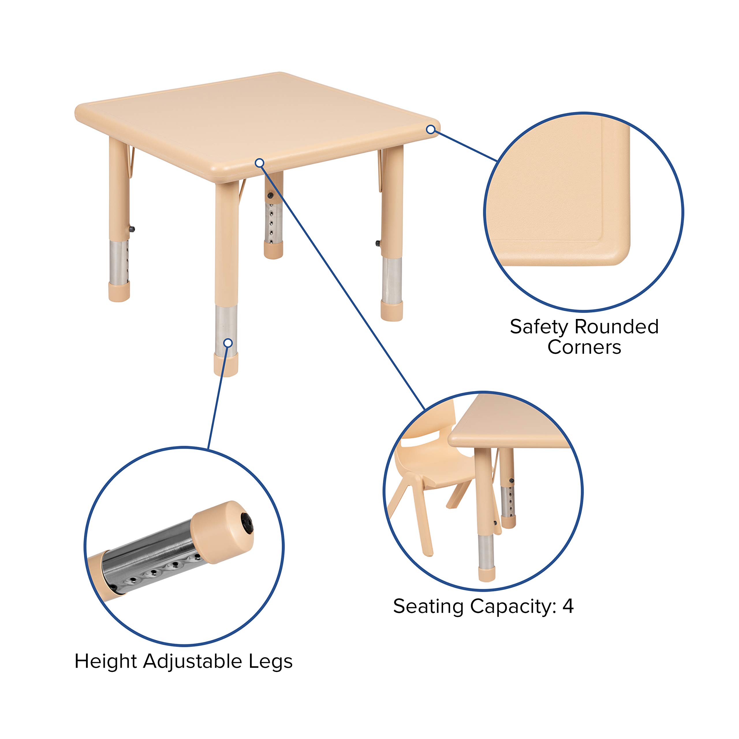 EMMA + OLIVER 24" Square Natural Plastic Height Adjustable Activity Table - School Table for 4