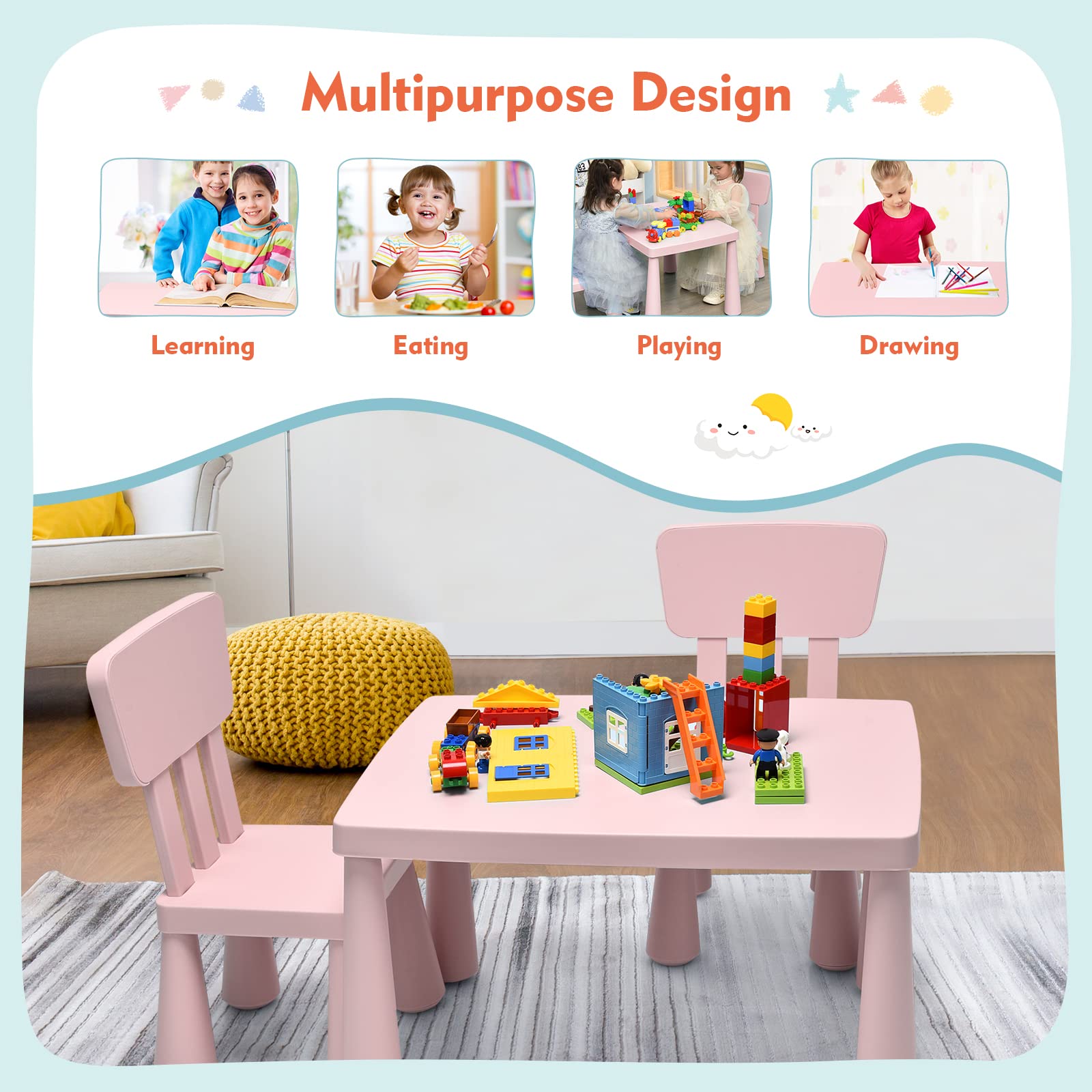 COSTWAY 3-Piece Kids Table and Chairs Set, Lightweight Plastic Children Activity Center for Reading, Writing, Painting, Snack Time, Kids Furniture Art Study Desk & Chairs Set for Ages 1-7 (Pink)