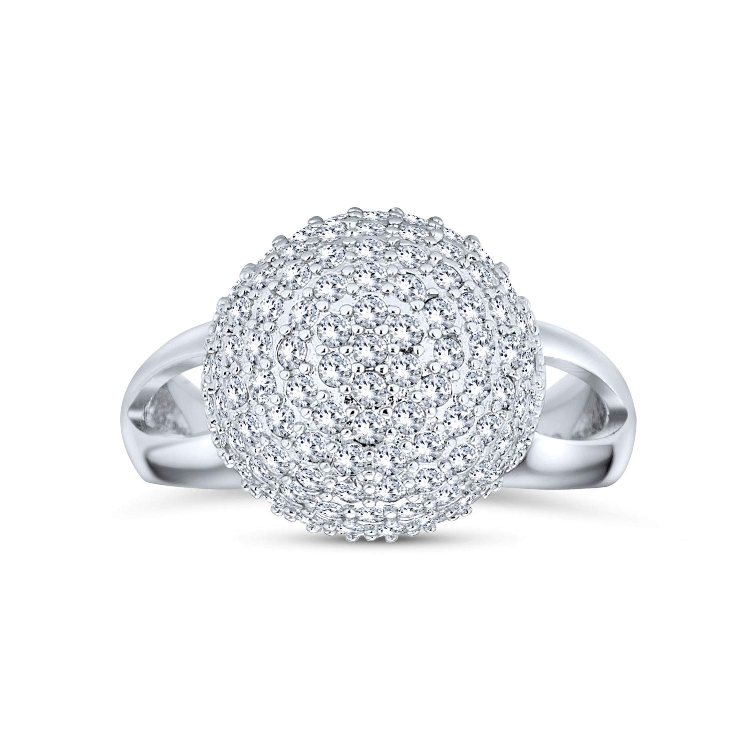Bling Jewelry Personalize Fancy Cocktail Trendy Fashion Cubic Zirconia Pave CZ Round Disco Ball Statement Engagement Ring For Women With Split Shank Band .925 Sterling Silver