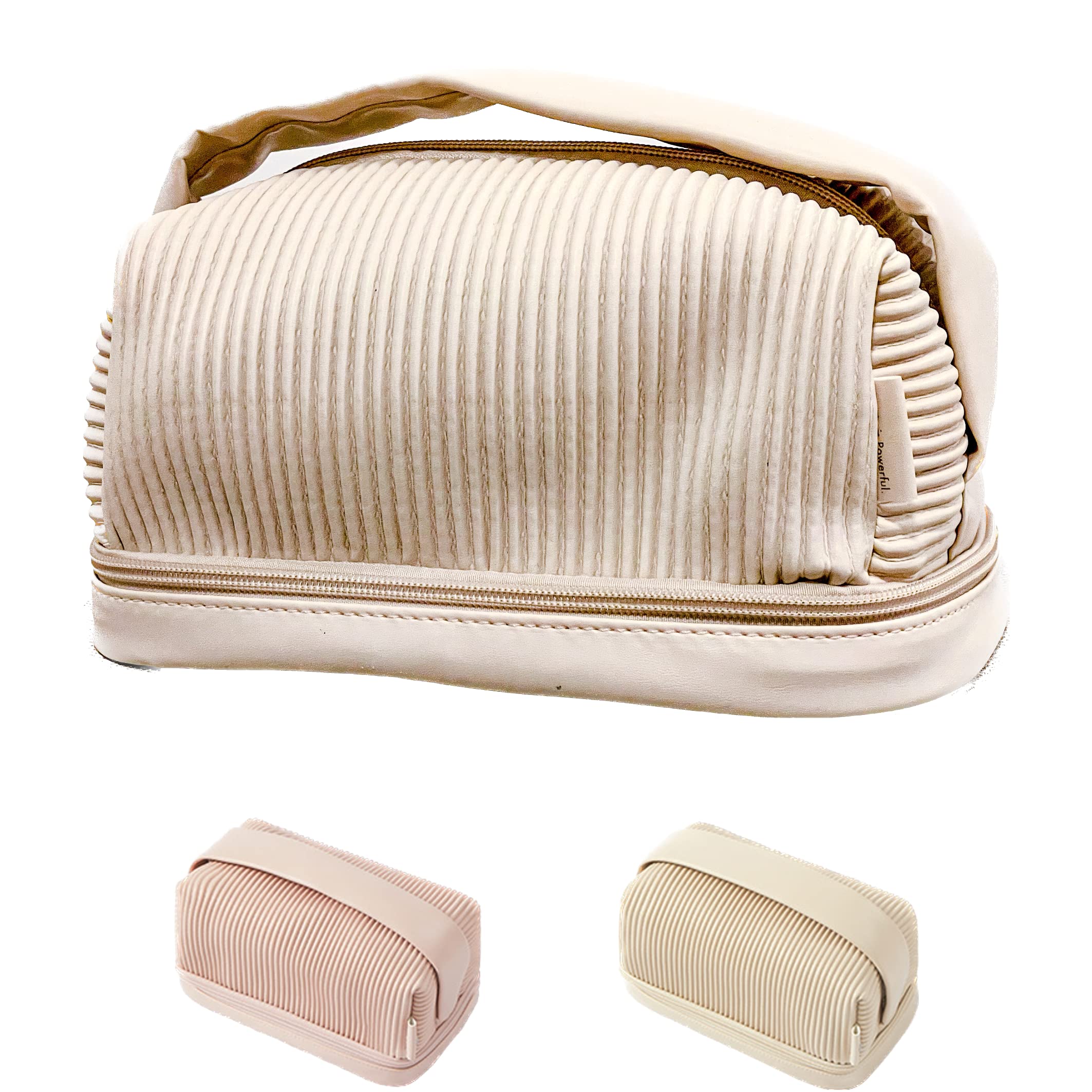 bolarstore Toast Large Makeup Bag,Double Layer Cosmetic Bag,Portable Toiletry Bag,PU Leather Travel Makeup Organizer,Waterproof Zipper Pouch,Large Capacity Multifunctional Bag for Women Girls,White