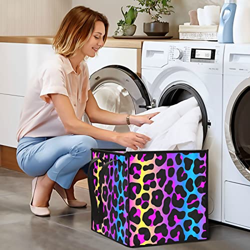 Blueangle Neon Gradient Leopard Print Cube Storage Bin with Handles, 13 x 13 x 13 in, Large Collapsible Organizer Storage Basket for Home Décor(945)