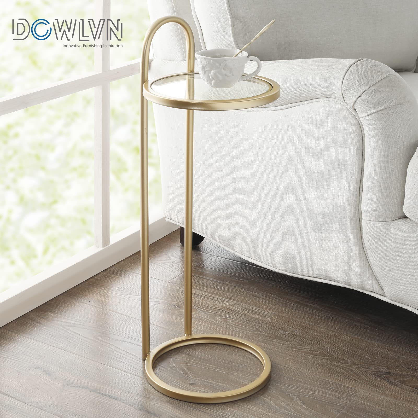 Gold Glass Small Drink Snack Accent Martini Table, C Shaped Side End Table, No-Assembly, 10" D x 28.5" H
