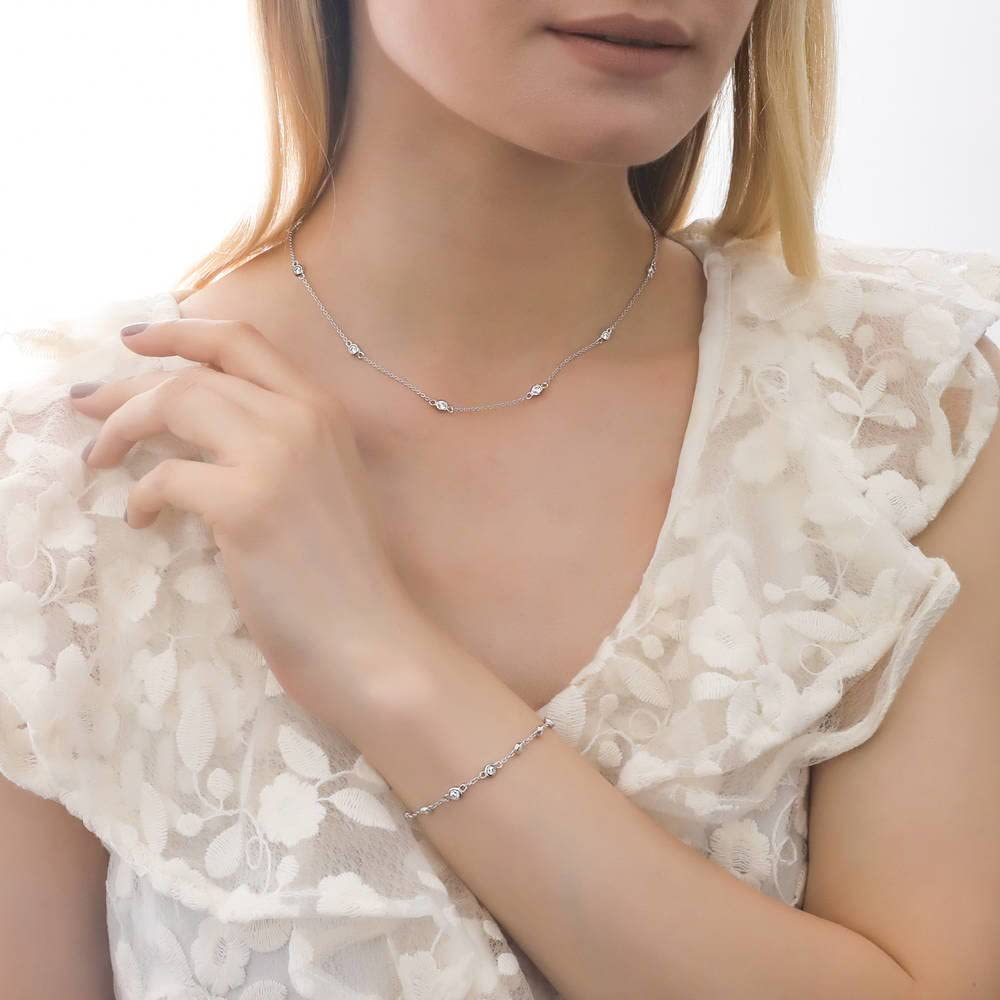 BERRICLE Sterling Silver Cubic Zirconia CZ by the Yard Station Bracelet for Women, Rhodium Plated