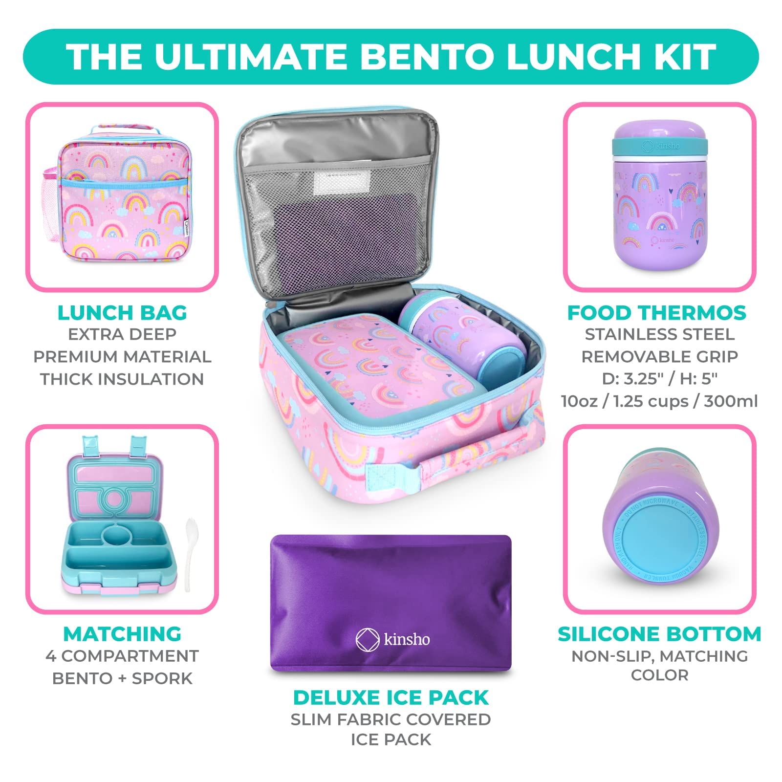 Bento Lunch Box with Thermos for Kids Set, Insulated Lunch Bag with Ice Pack, Stainless Steel Food Jar for Hot Soup, Boxes with 4 Compartments, Purple Rainbow
