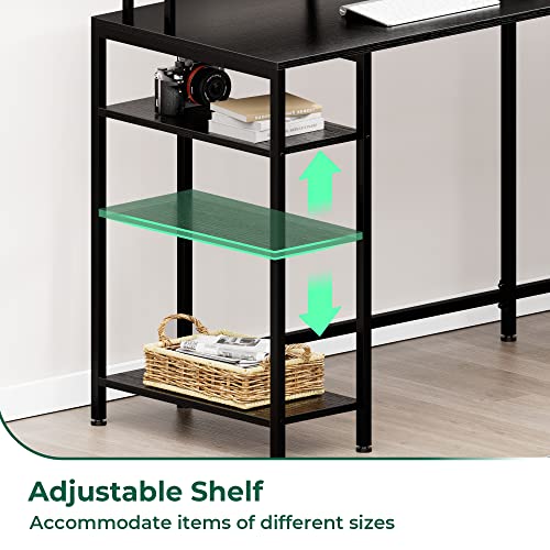 Huuger L Shaped Desk with Power Outlets & LED Lights, Reversible Computer Desk with Storage Shelves & File Cabinet, Corner Desk Home Office Desk, Black
