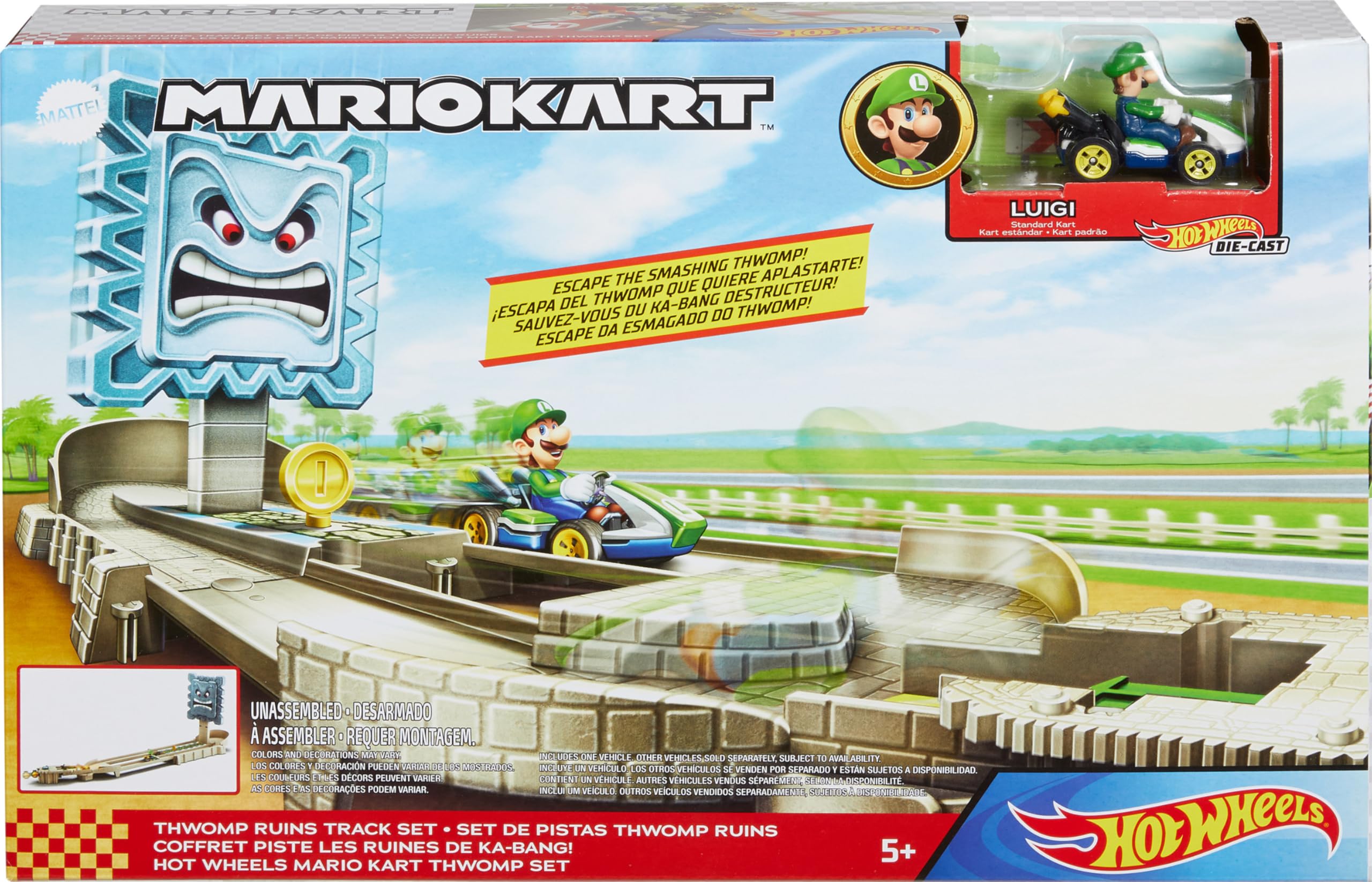 Hot Wheels Mario Kart Track Set & Toy Car, Thowmp Ruins Playset with Luigi Kart Vehicle & Pull-Back Launcher