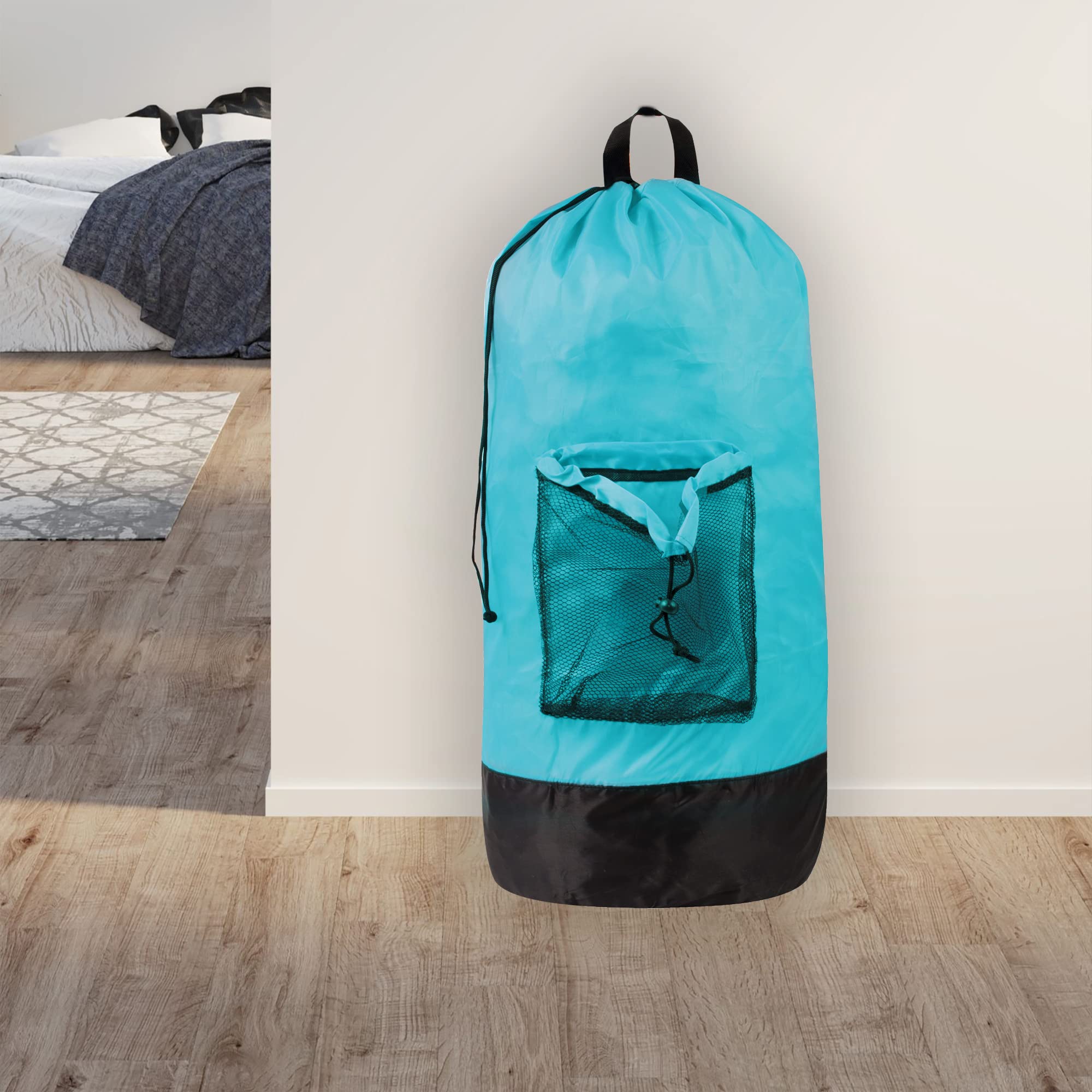 Laundry Bag Backpack with Shoulder Straps and Mesh Pocket Laundry Backpack Large Portable Laundry Hamper for College Laundromat Apartment with Drawstring Closure, Adjustable Back Straps (Turquoise)