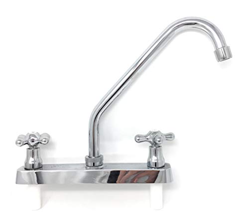 Chromed Surface 8" Two Handle Tall Stainless Steel Spout Kitchen Faucet 8 inch Center Hole [3015P] ADA No Lead, Plastic (POM) Body HI Rise Spout