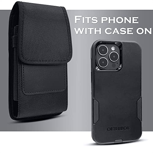 Meilib Belt Case for iPhone 14, 14 Pro, 13 Pro, 13, 12 Pro, 12, 11, XR, Nylon Cell Phone Belt Holder Holster Pouch Cover with ID Card Storage (Fits Phone with Protective Case on) Medium Black