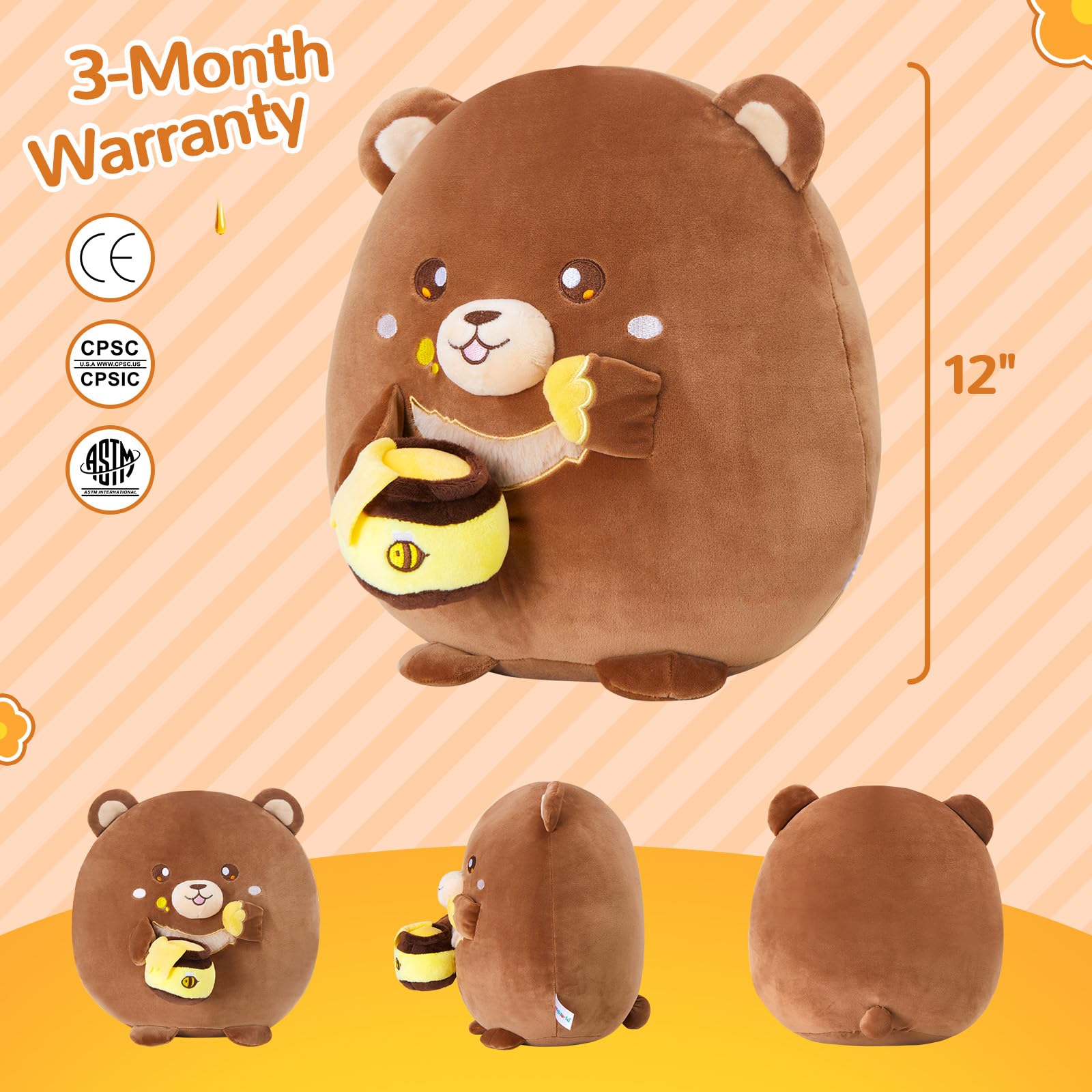 CozyWorld 12“ Honey Bear Plush Pillow,Teddy Bear Plush Stuffed Animal Gifts for Girlfriend Kids,Ultra Soft Snacks Plush Toy,Brown Bear with Honey Pot