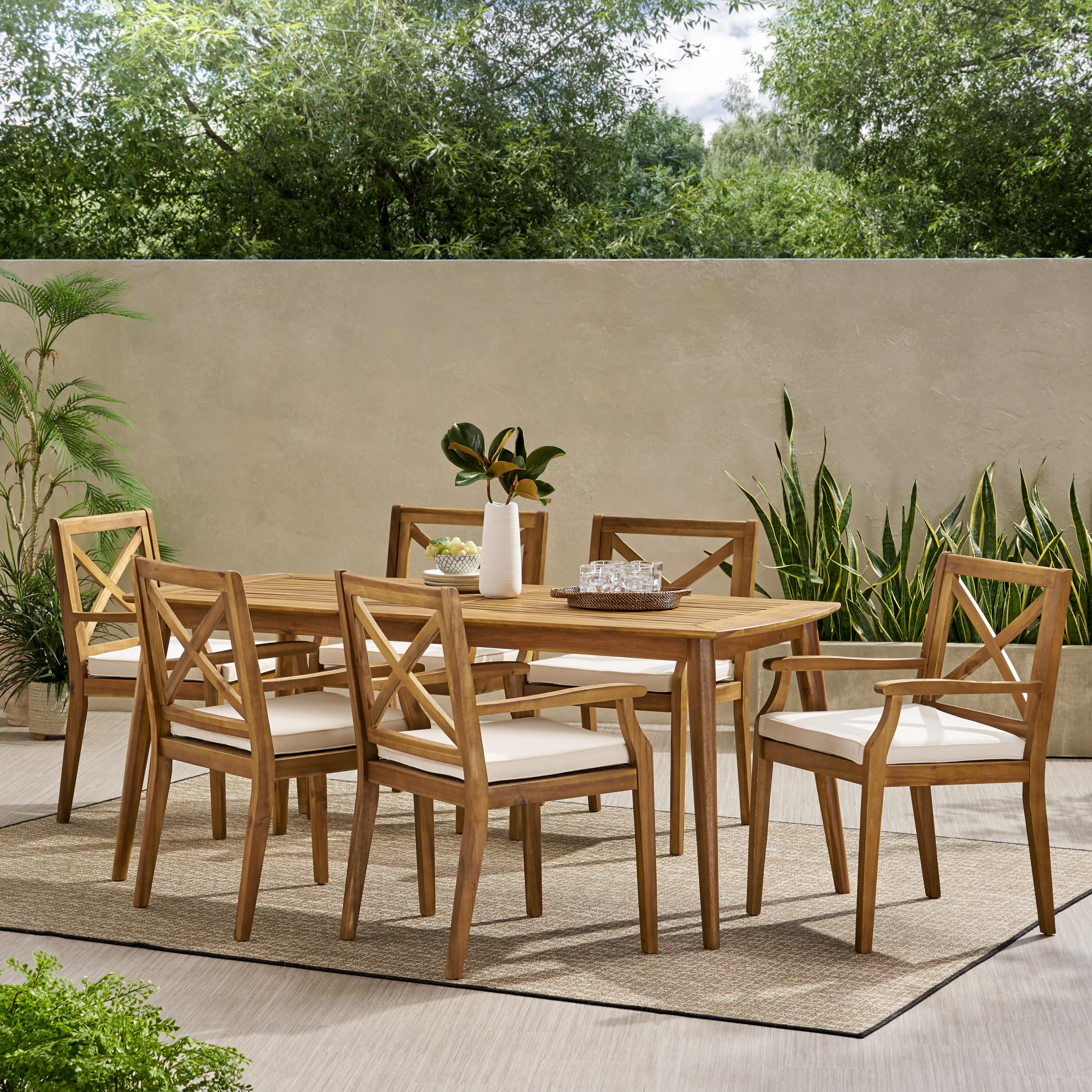 Christopher Knight Home Llando Outdoor 7-Piece Acacia Wood Dining Set, 21.25 "W x 23.25 "D x 35.5 "H, Teak + Cream