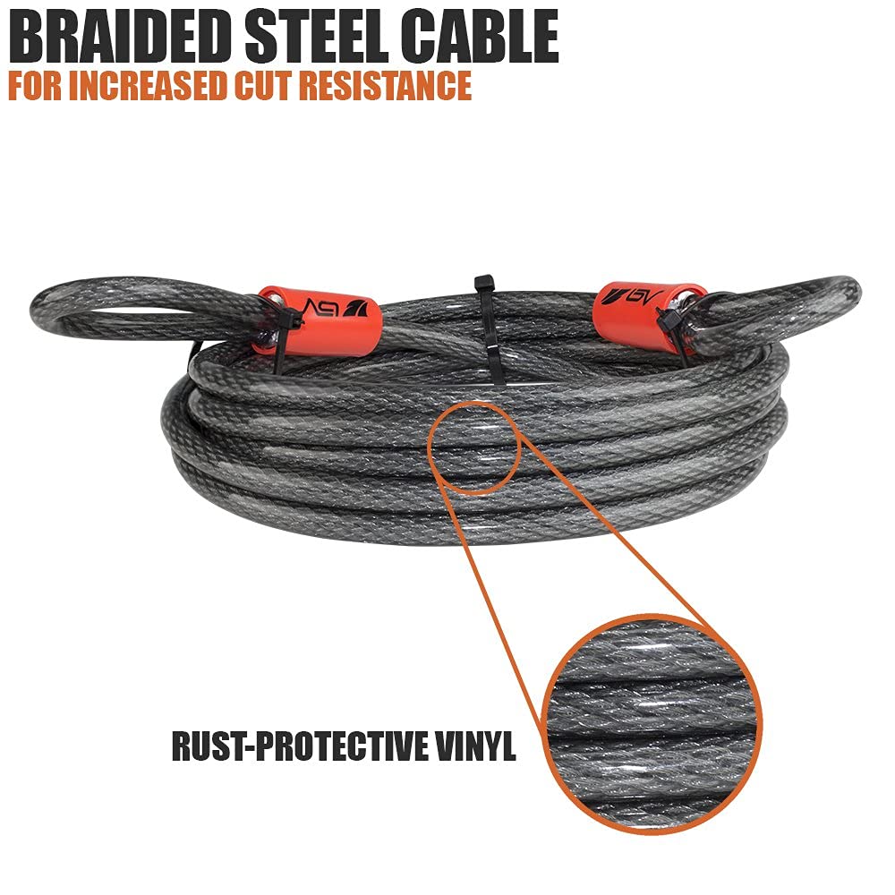 BV 30FT Security Steel Cable with Loops, Braided Steel Flex Cable, Bike Lock Cable 3/8 Inch, for U-Lock and Padlock (30FT)