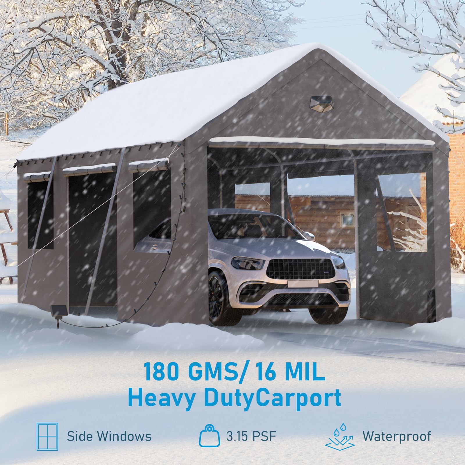 Benass 10x16 Carport, Heavy Duty Car Port, Portable Garage Carports Canopy with Roll Up Doors & Windows and Removable Sidewalls, White