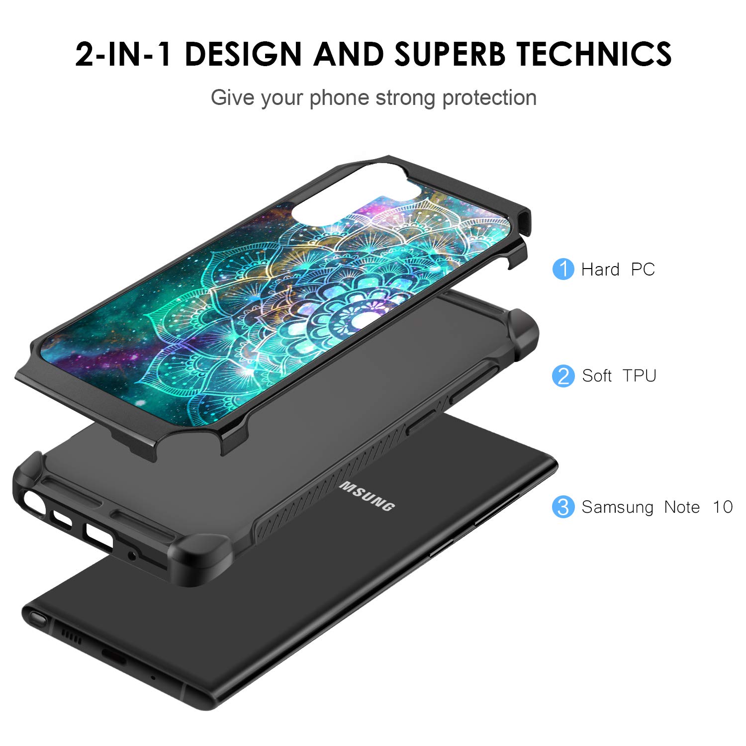 BENTOBEN Galaxy Note 10 Case, Shockproof Dual Layer Glow in the Dark Noctilucent Hybrid Hard PC Soft TPU Bumper Rugged Protective Phone Cases Cover for Samsung Galaxy Note10 6.3inch, Mandala in Galaxy