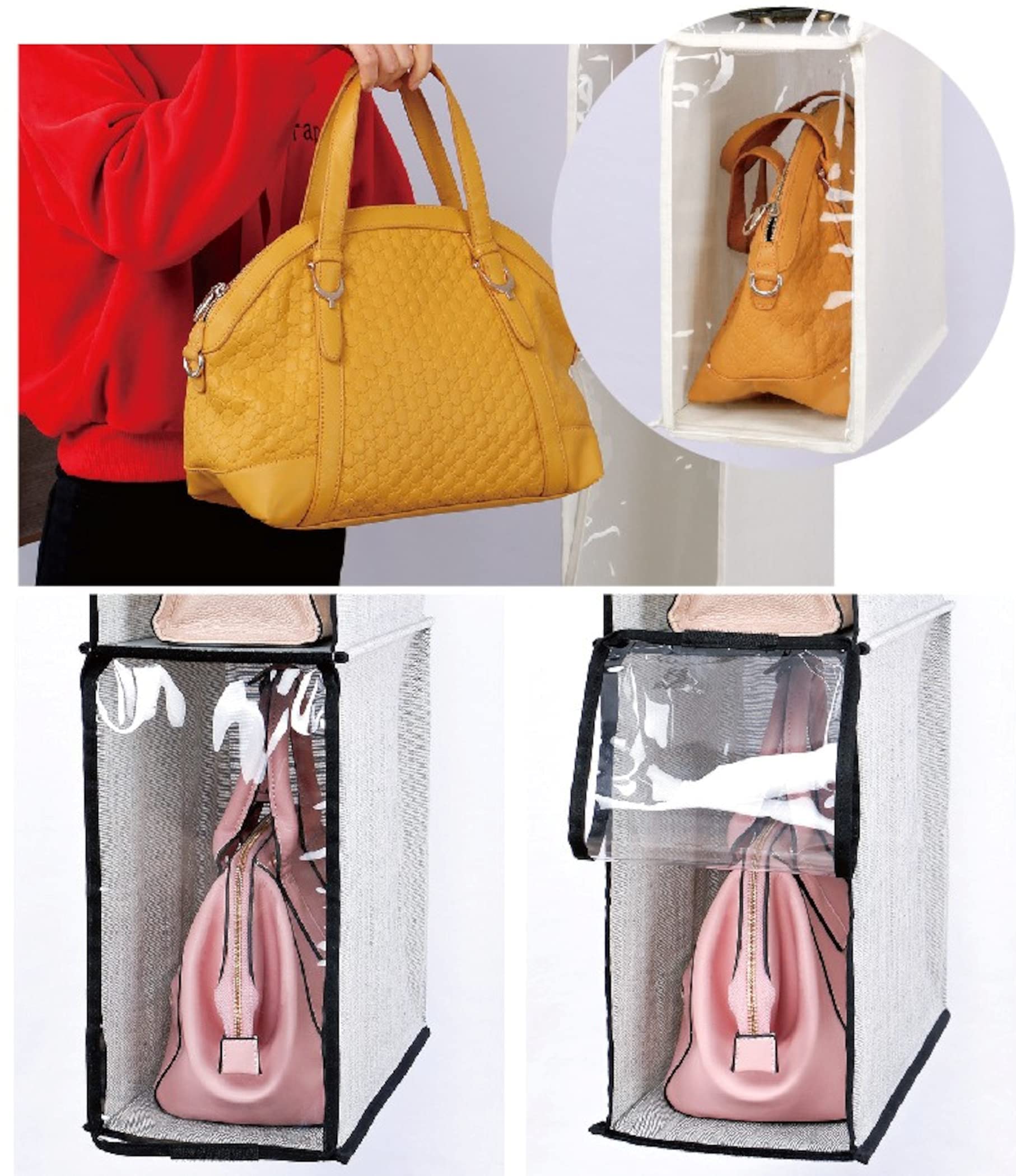 Japarismo Hanging Handbag Purse Closet Organizer Dust Shield Storage Systems Clothing Accessories Rack Dustproof Cover Shelves (Light Gray, 3 Shelves)