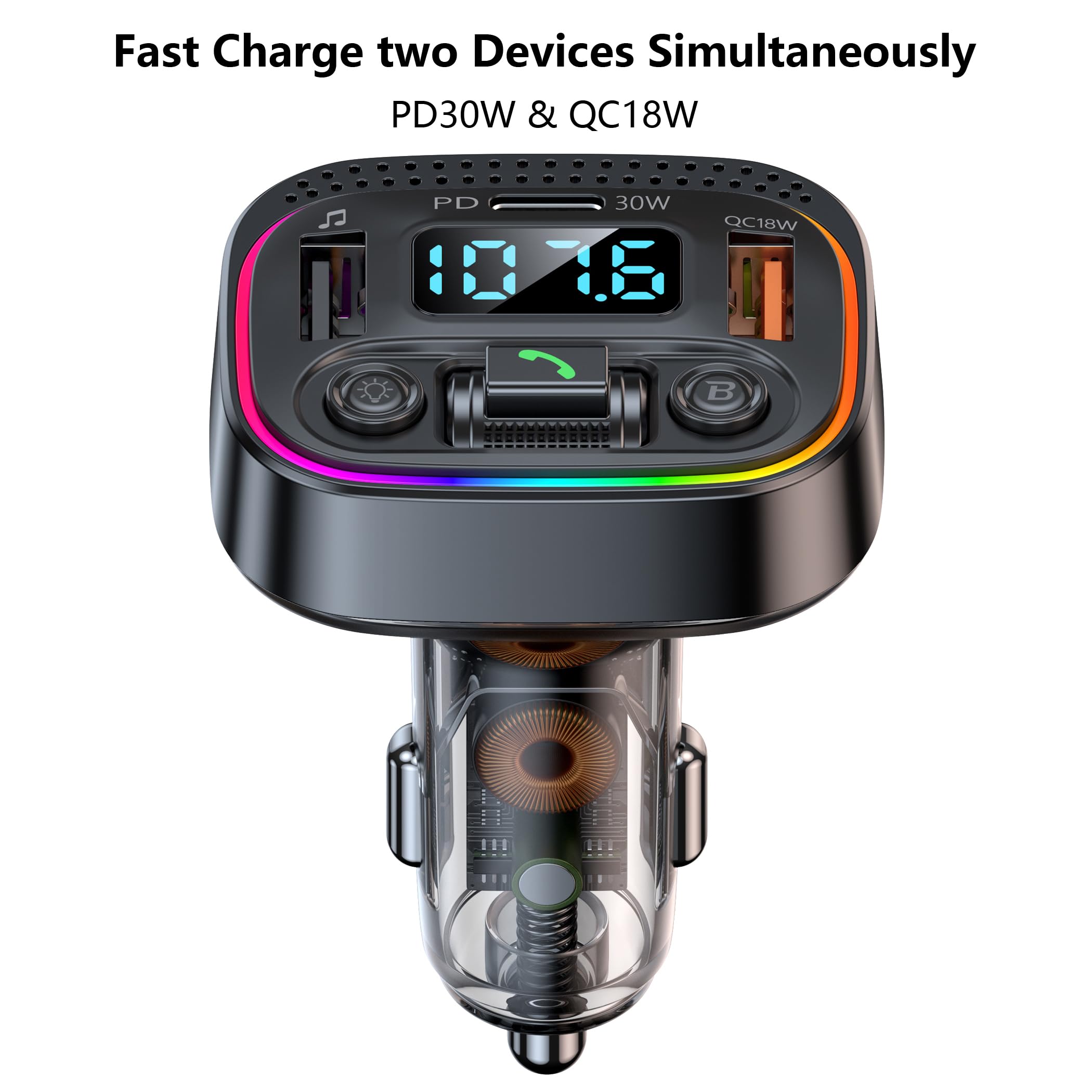 Bluetooth FM Transmitter for Car, Wireless Radio Adapter MP3 Player Stereo Music Hands Free Car Kit, USB C Car Charger for iPhone Samsung Cell Phone, PD 24W & 5V/2.4A, Support TF Card/U Disk (Black)