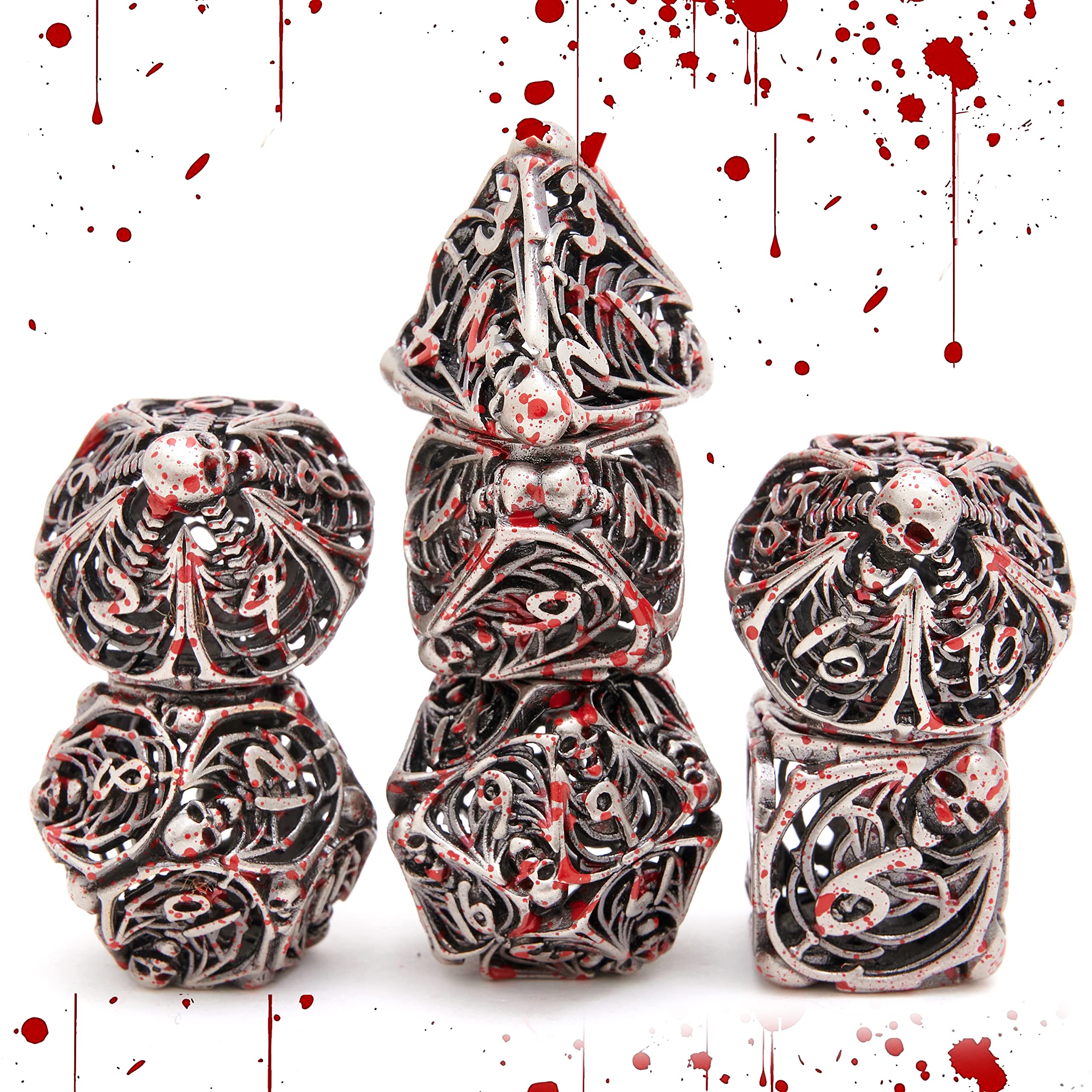 qile DND Hollow Metal dice Skeleton bloodstain 7-Piece Set, Suitable for Dungeon and Dragon RPG Board Games, D &D Pathfinder and Teaching, etc。