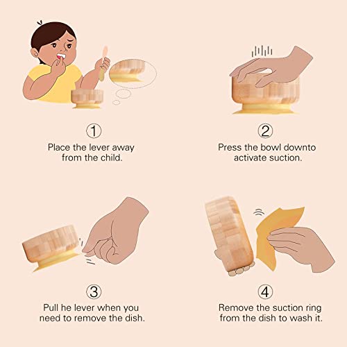 Baby Bamboo Bowls with Suction and Matching Spoon Set - 2PC Feeding Supplies Set for Infant, Toddlers - Detachable Silicone Suction Stay Put Base for Wooden Bowl - BPA Free (Marble)