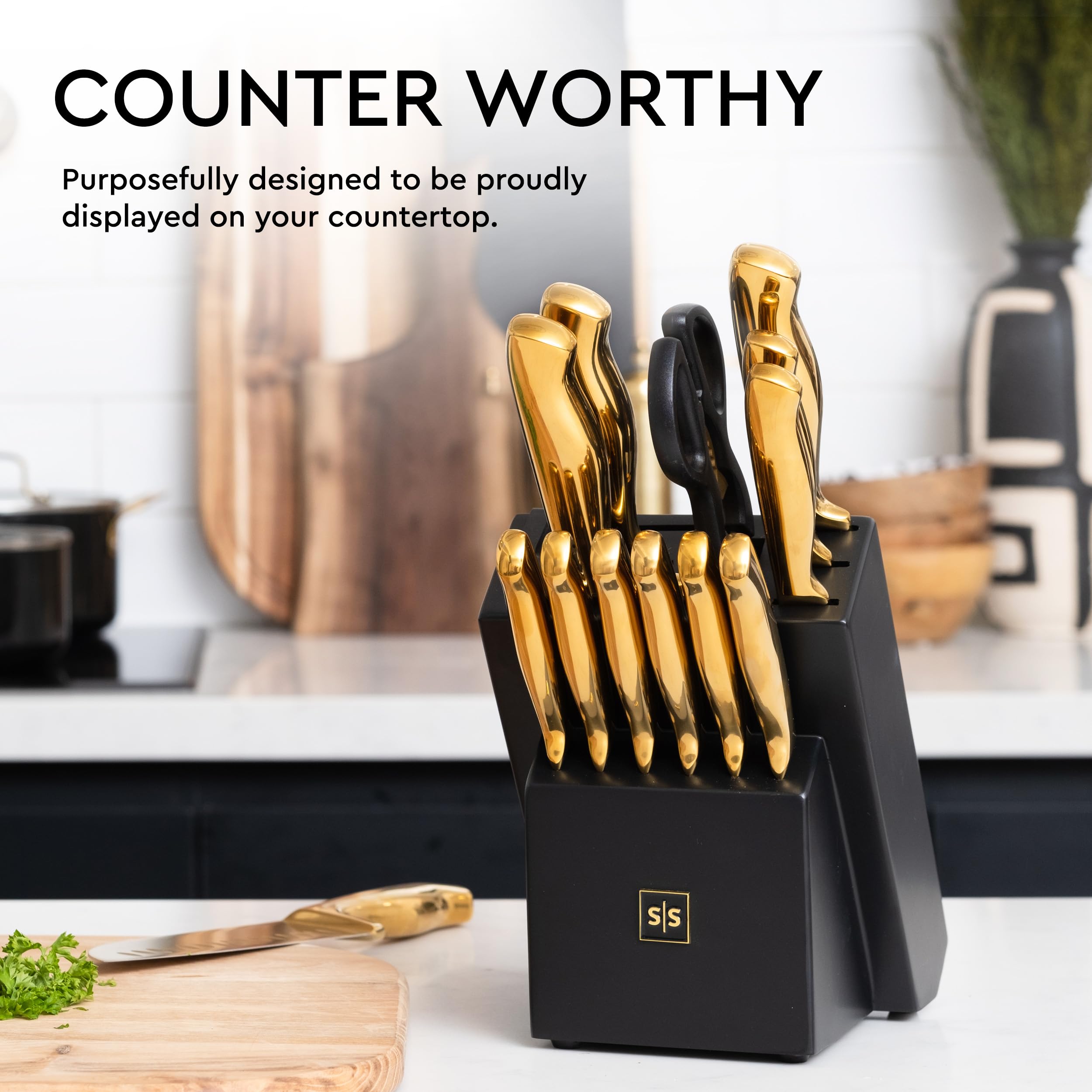 Black and Gold Knife Set with Block Self Sharpening, Black Utensil Holder with Built-In Ceramic Spoon Rest and Gold Cooking Utensils Set-21 Piece Luxe Black and Gold Kitchen Accessories