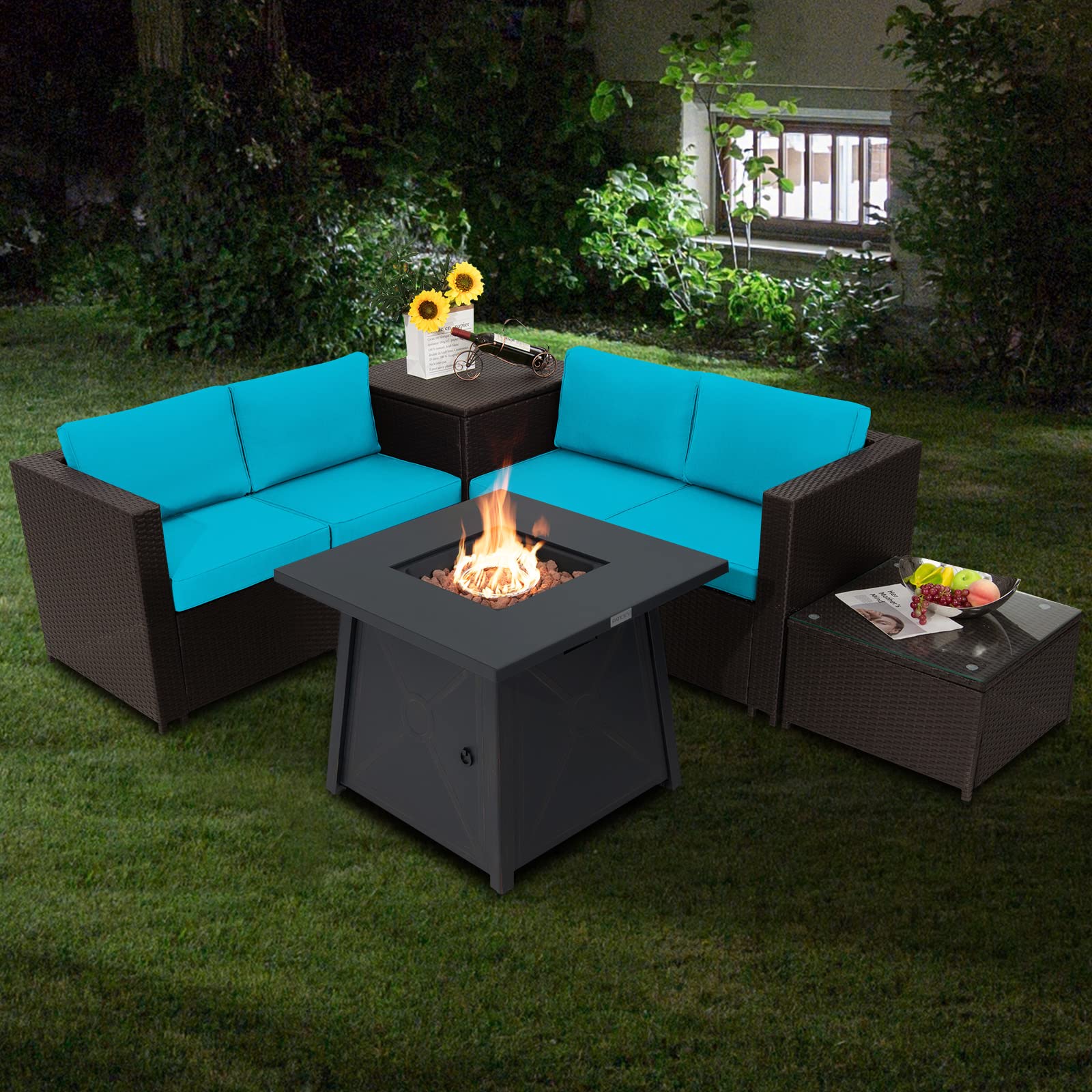 Tangkula 5 Piece Patio Furniture Set with 50,000 BTU Propane Fire Pit Table, Outdoor Wicker Conversation Set w/Cushions, Storage Box and Tempered Glass Coffee Table, 30” Gas Fire Pit Table (Turquoise)