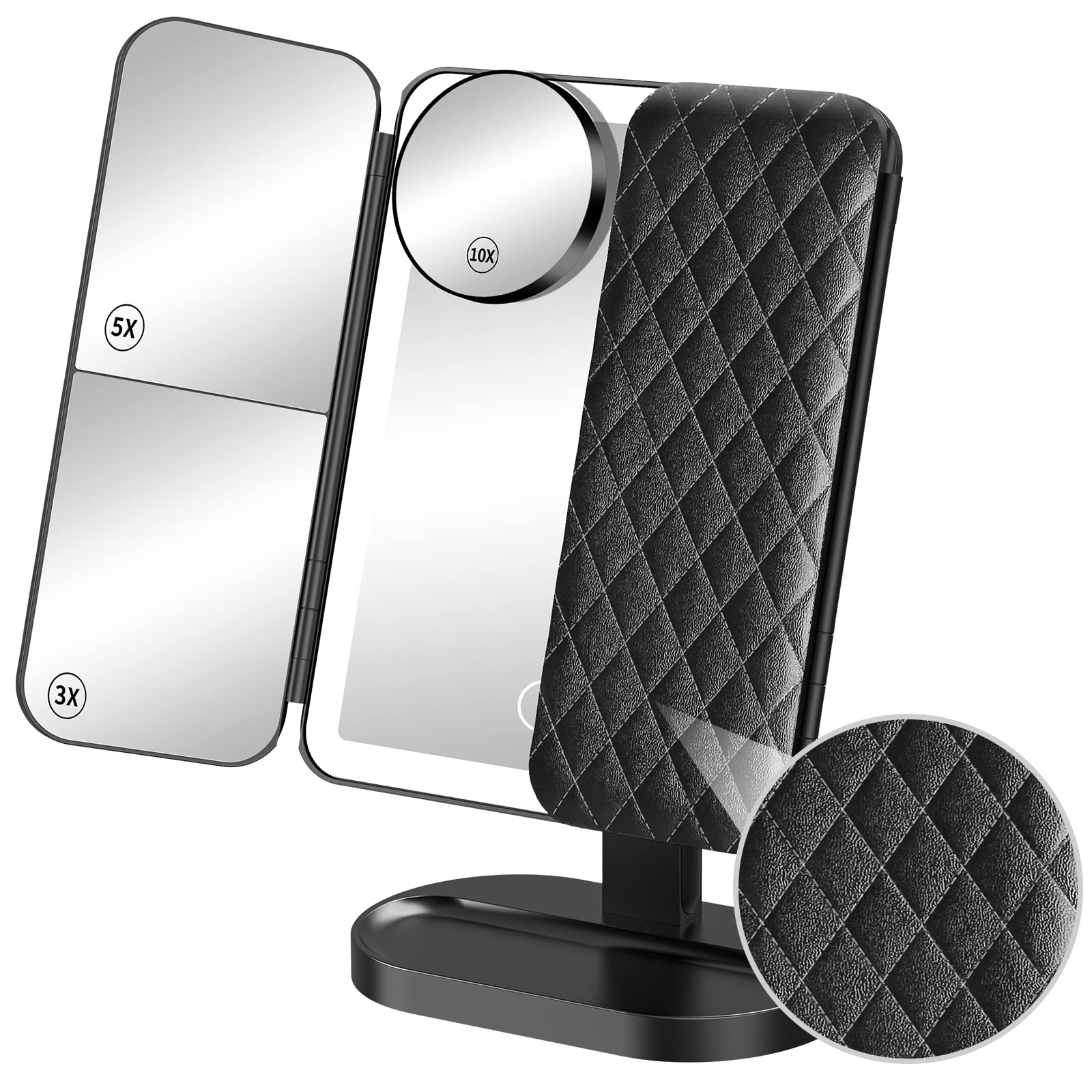 Benbilry Trifold Lighted Vanity Makeup Mirror with 74 LED Lights, 3 Color Lights & Stepless Dimming, 1X/3X/5X/10X Magnification & 2000mAh Rechargeable Magnifying Light Up Mirror, Gift for Women(Black)