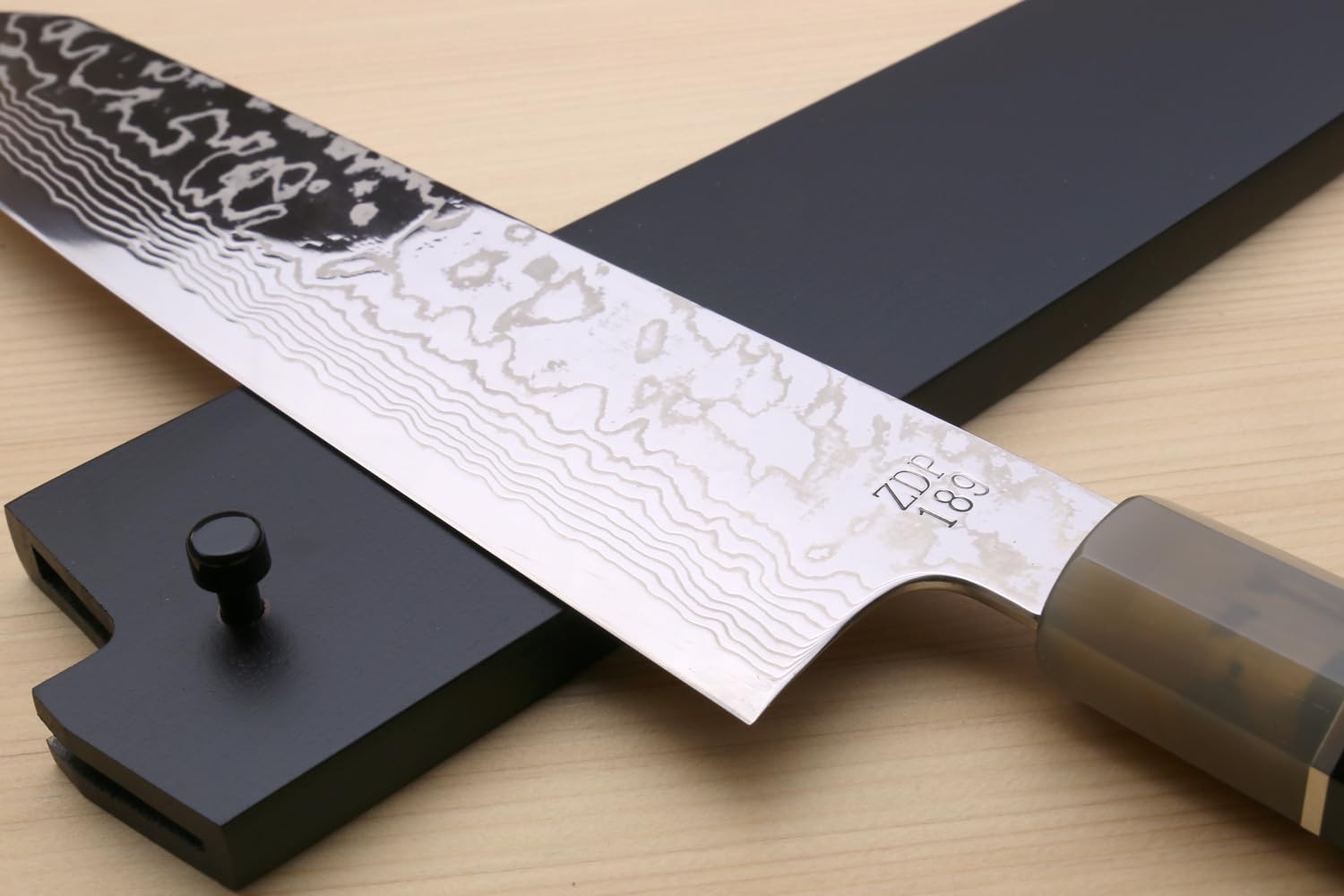 Yoshihiro Hayate ZDP189 Suminagashi Super High Carbon Stainless Steel Kiritsuke Knife Octagonal Ebony Wood Handle with Triple Ring (8.25" (210mm))