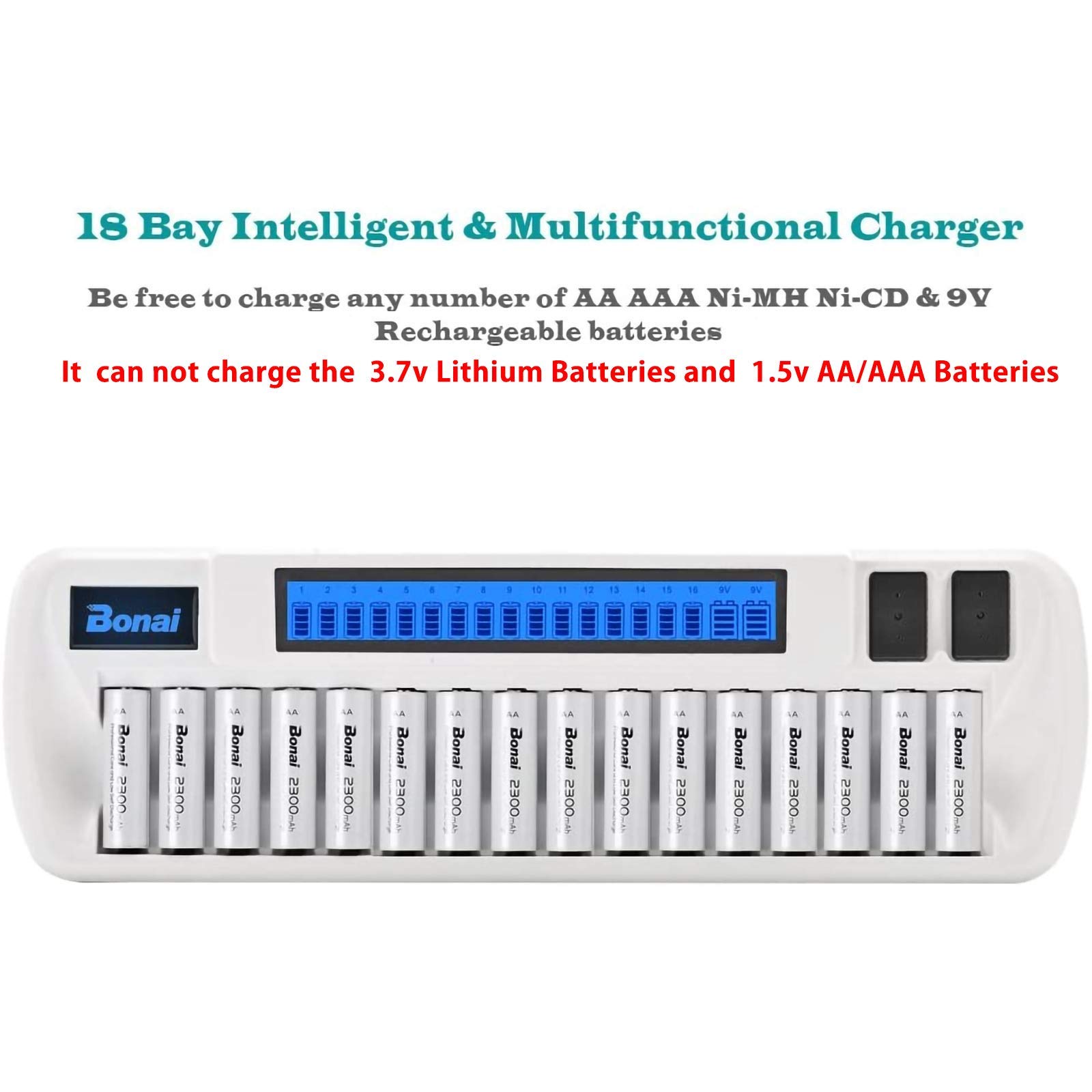 Bonai 16 Bay Battery Charger for Rechargeable AA AAA 9V Battery