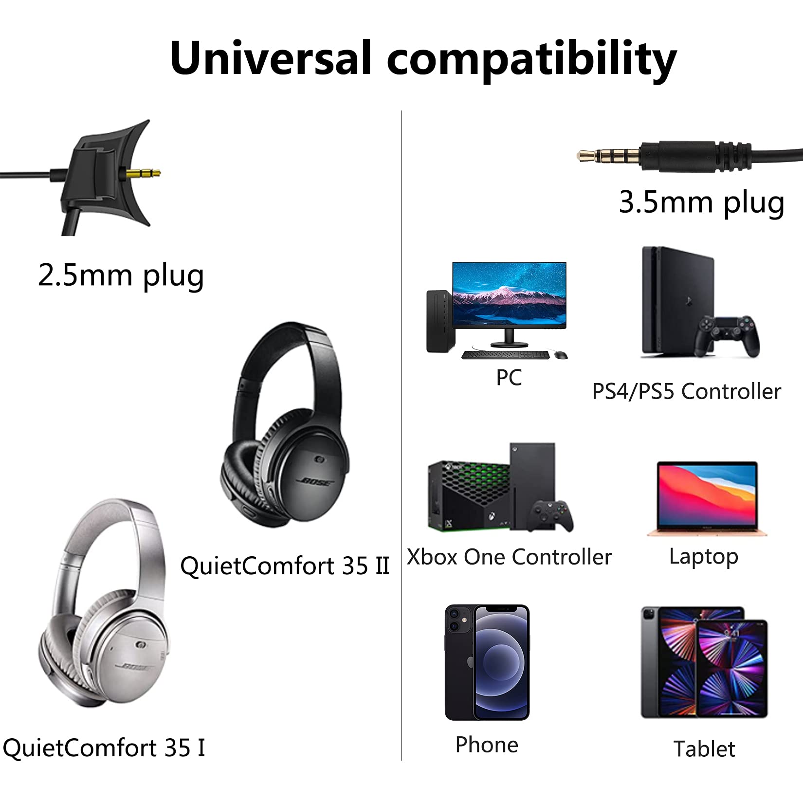 Uberwith Boom Microphone Cable Noise-Cancelling Replacement Compatible with Bose QC35 & QC35 II Headphones with Volume Control and Mute Switch for PC, Laptop, PS4, PS5, Xbox One Controller